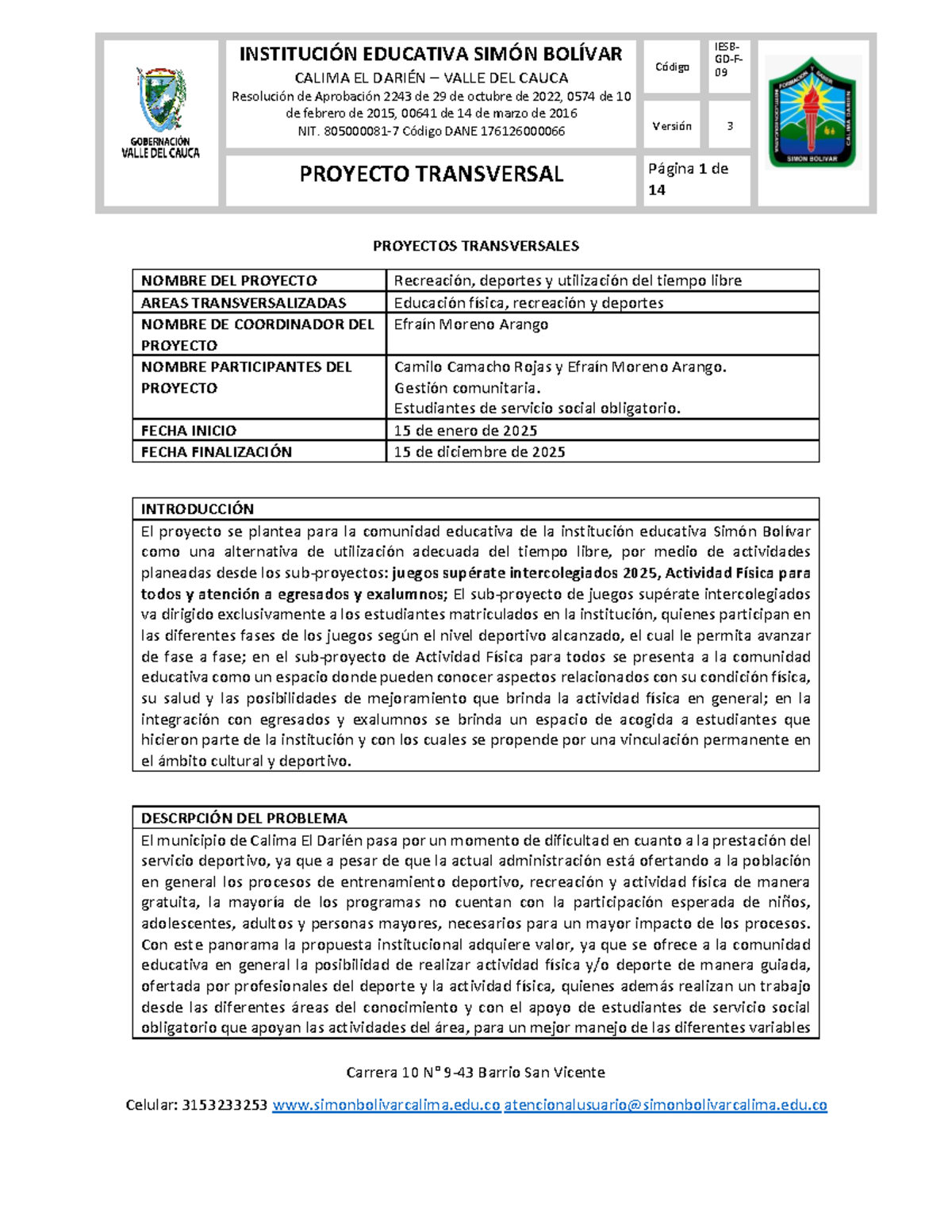 Proyecto Transversal de Recreación y Deportes - Simón Bolívar 2025 ...
