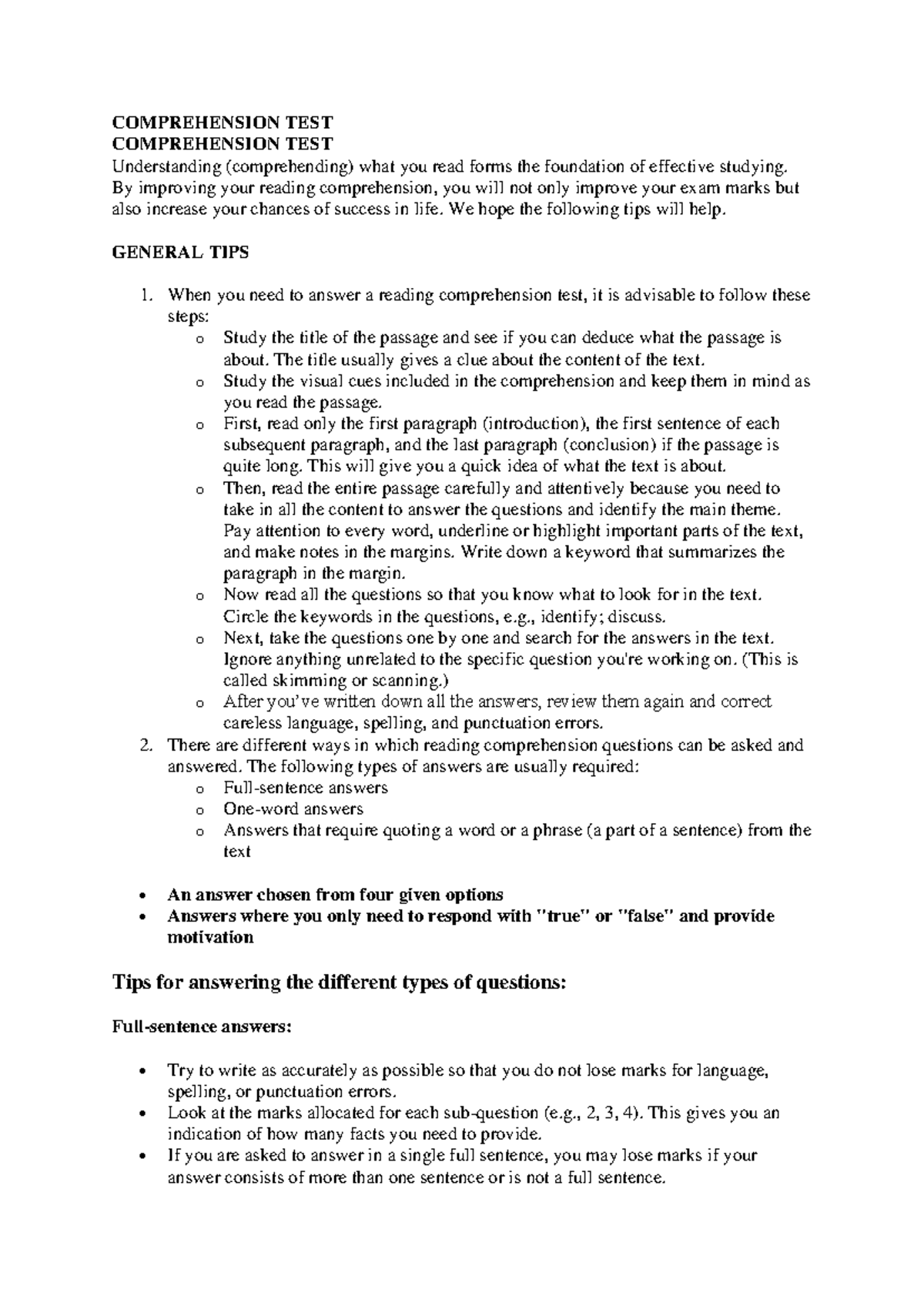 COMPREHENSION TEST TIPS FOR EFFECTIVE READING STRATEGIES - Studocu