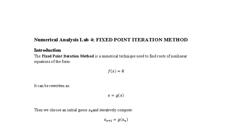 Numerical Analysis Lab 4: Fixed Point Iteration Method Guide - Studocu