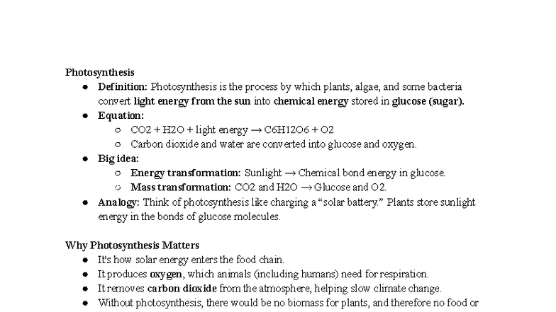 Biology 101: Photosynthesis Overview and Key Concepts - Studocu