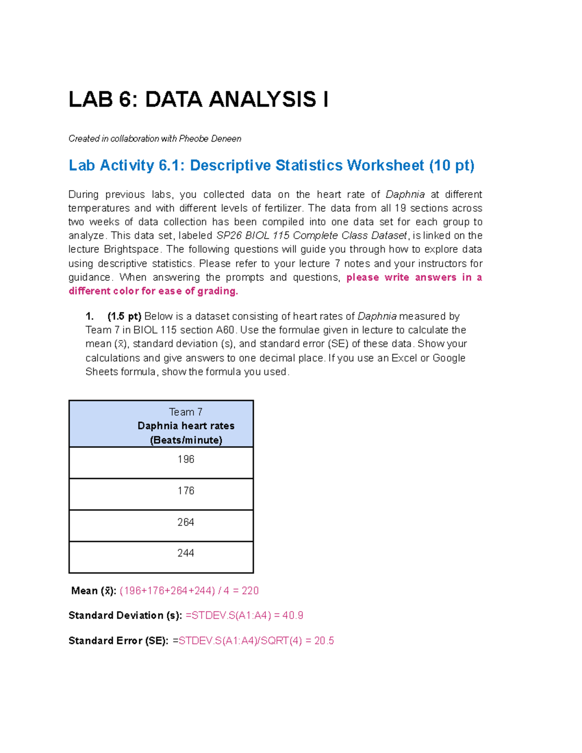 LAB 6: BIOL 115 Descriptive Statistics & Data Analysis - Studocu
