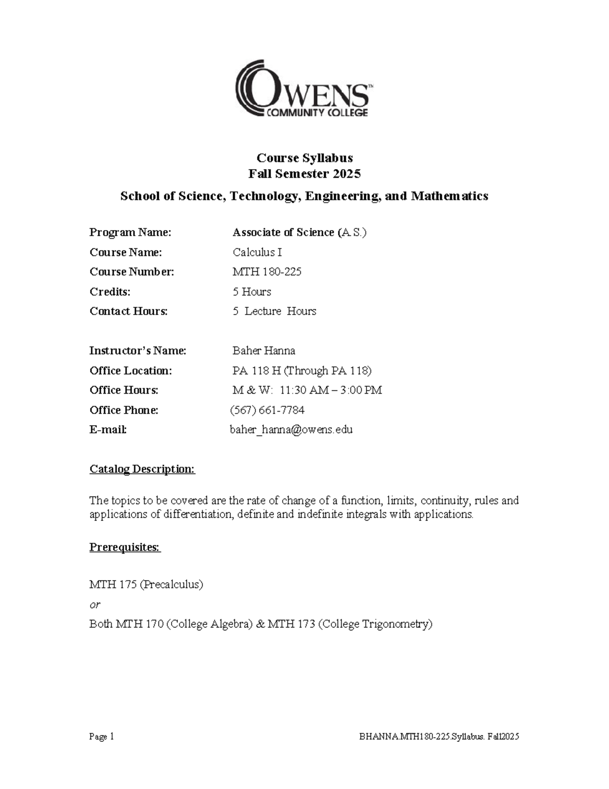 MTH 180 Calculus I Syllabus - Fall Semester 2025 - Studocu