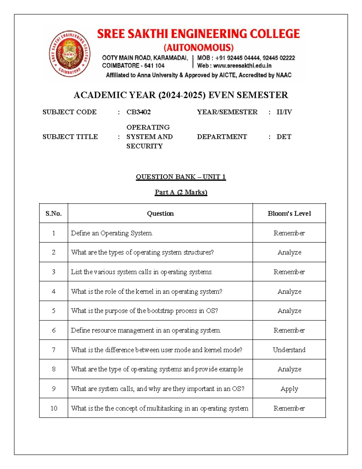 CB3402 UNIT 1 QUESTION BANK - Operating Systems and Security - Studocu