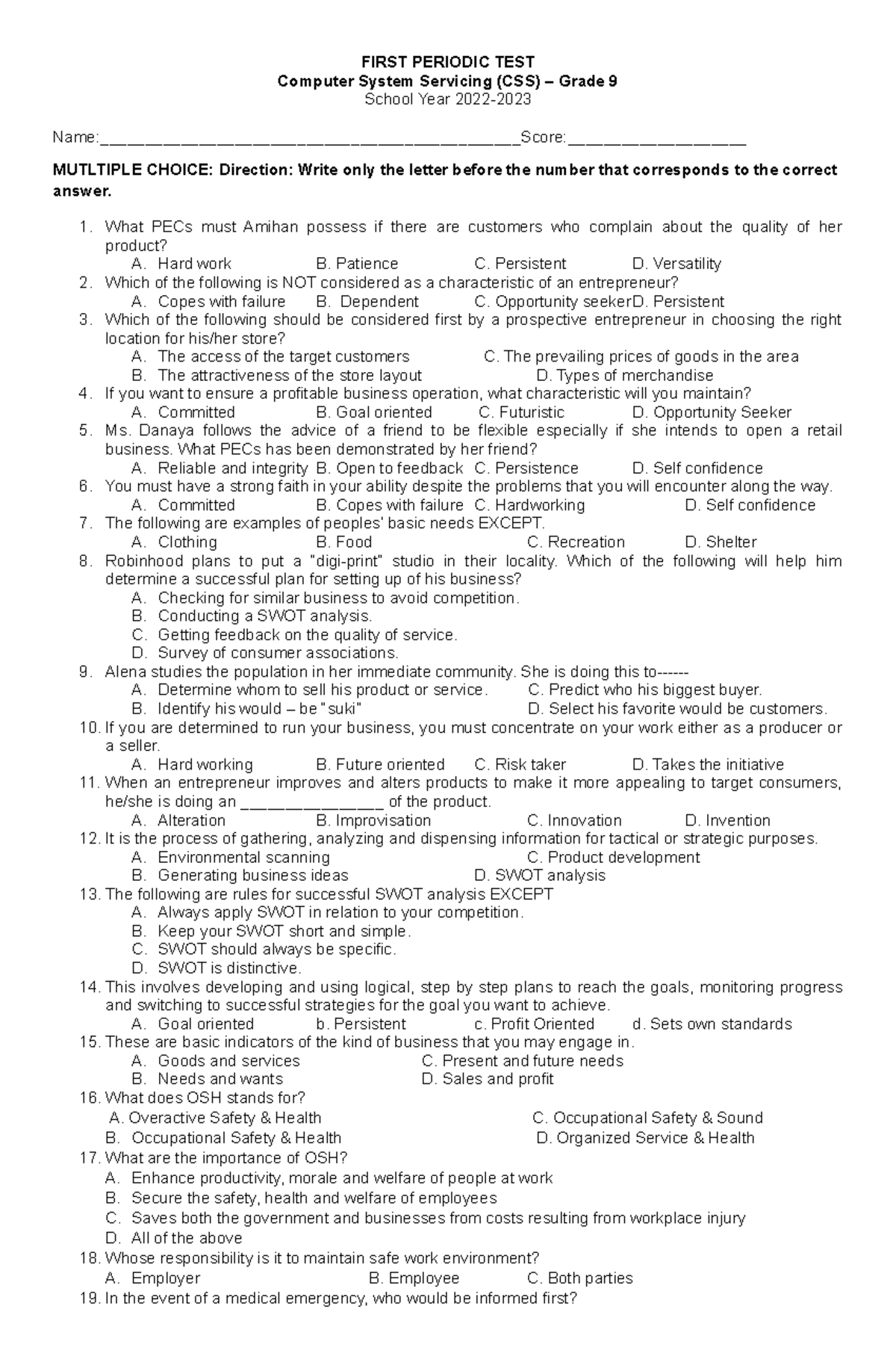 First Periodic TEST-CSS 9 - FIRST PERIODIC TEST Computer System ...