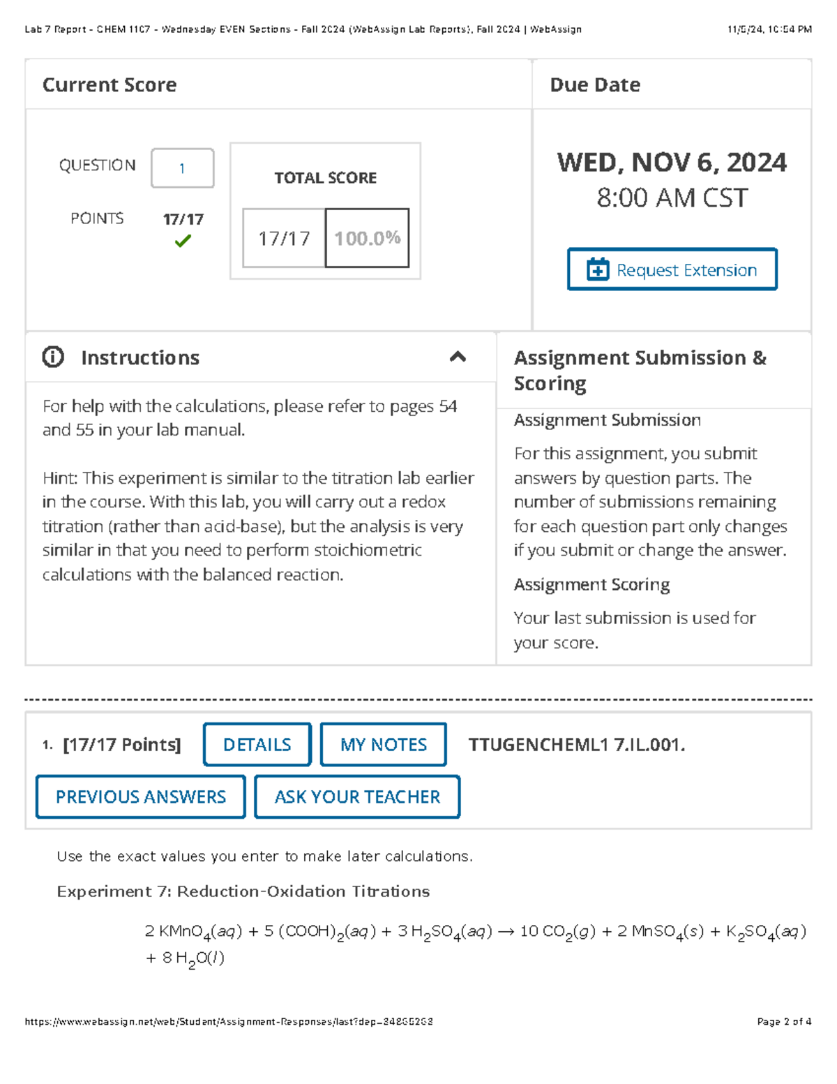Lab 7 Report: Redox Titrations - CHEM 1107 - Fall 2024 - Studocu