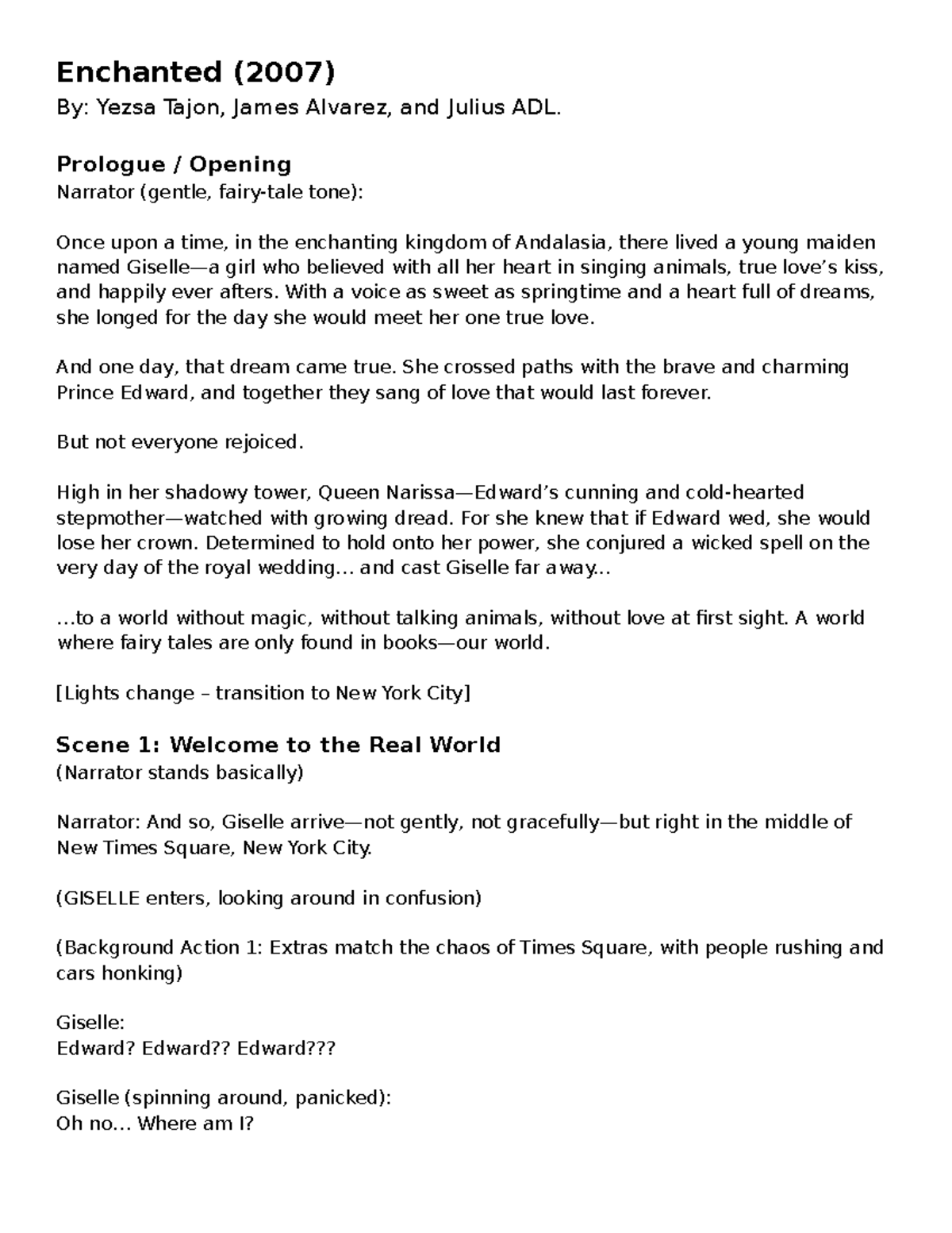 Enchanted (2007) - Movie Script for Play Adaptation - Studocu