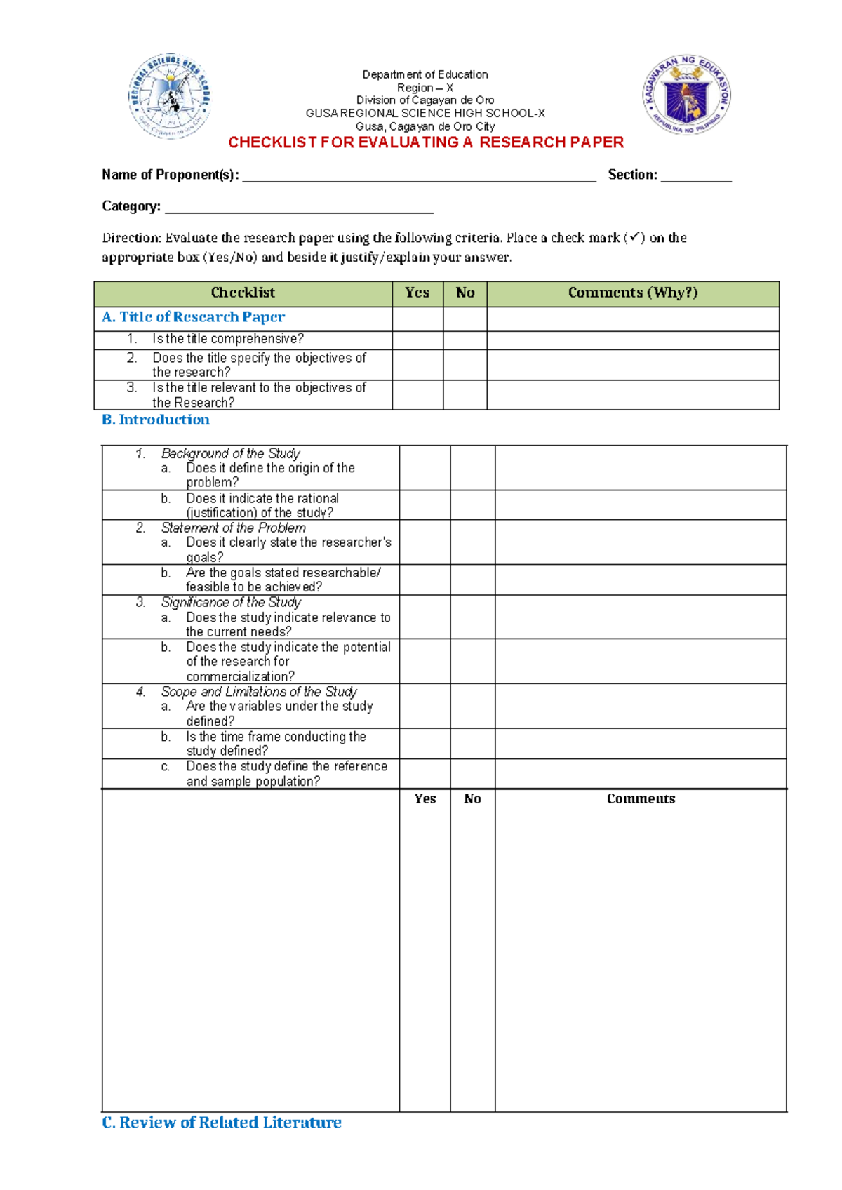 Checklist for Evaluating a Research Paper - GUSA REGIONAL SCIENCE HIGH ...