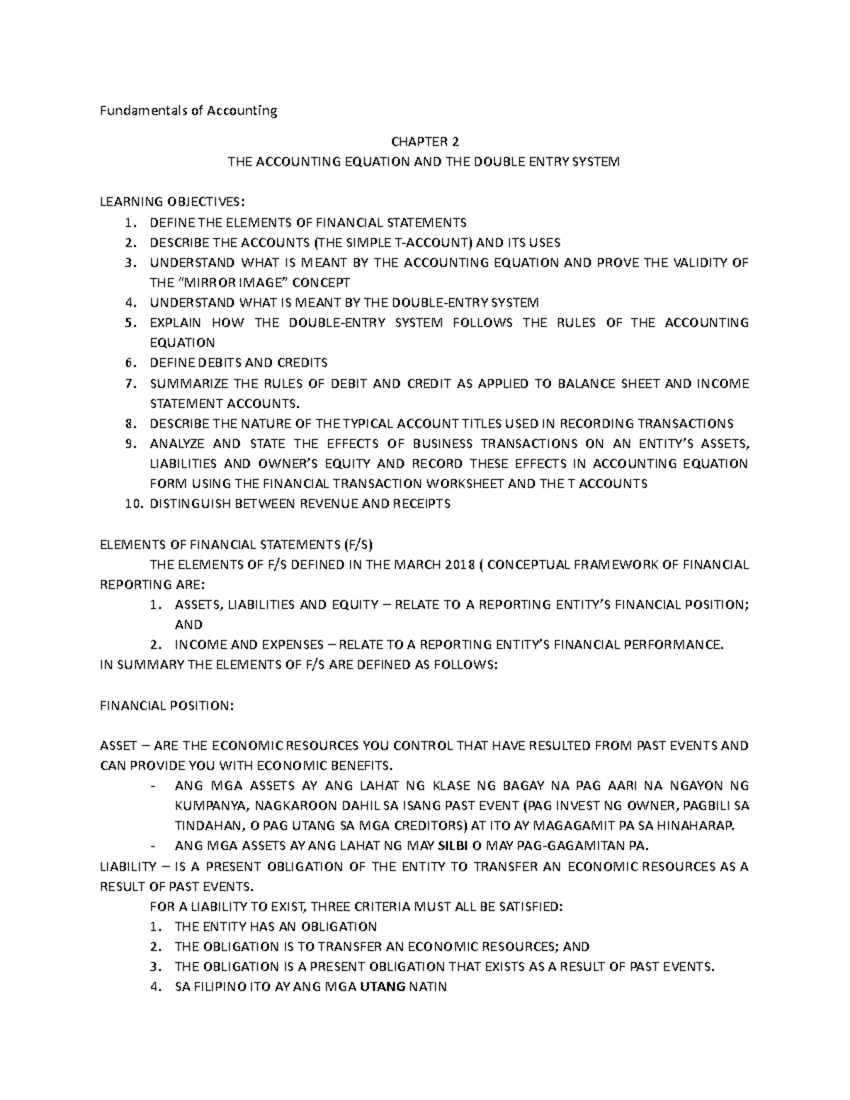 FOA - Chapter 2 THE Acctg Equation N Double Entry System - Fundamentals of Accounting CHAPTER 2 ...