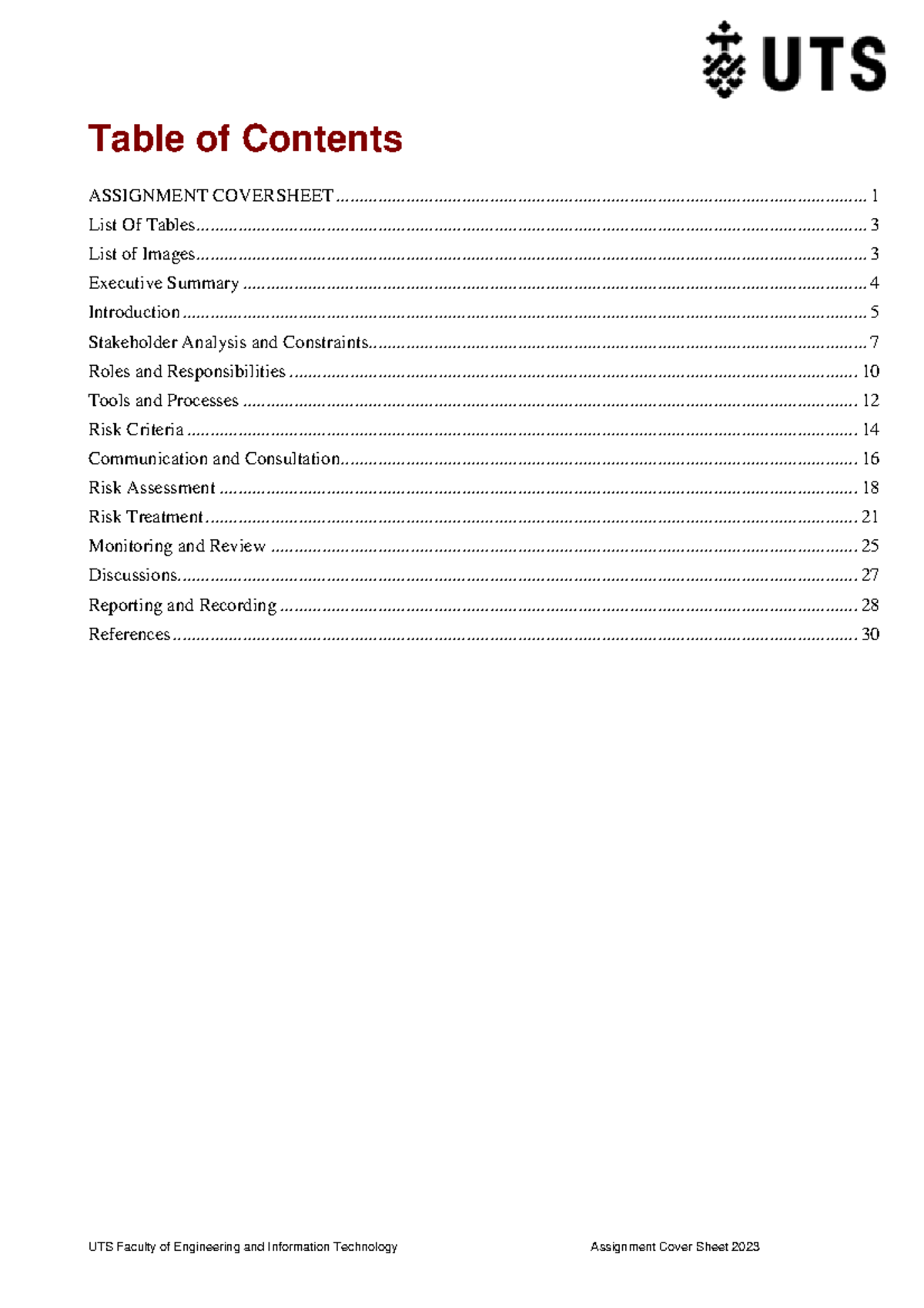 UTS Assignment 2 - Comprehensive Risk Management Plan Analysis - Studocu