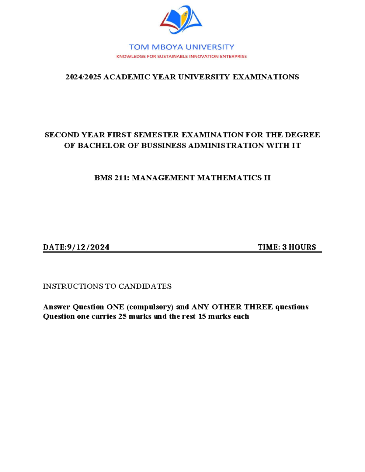 BMS 211 Final Exam - Management Mathematics II Questions - Studocu