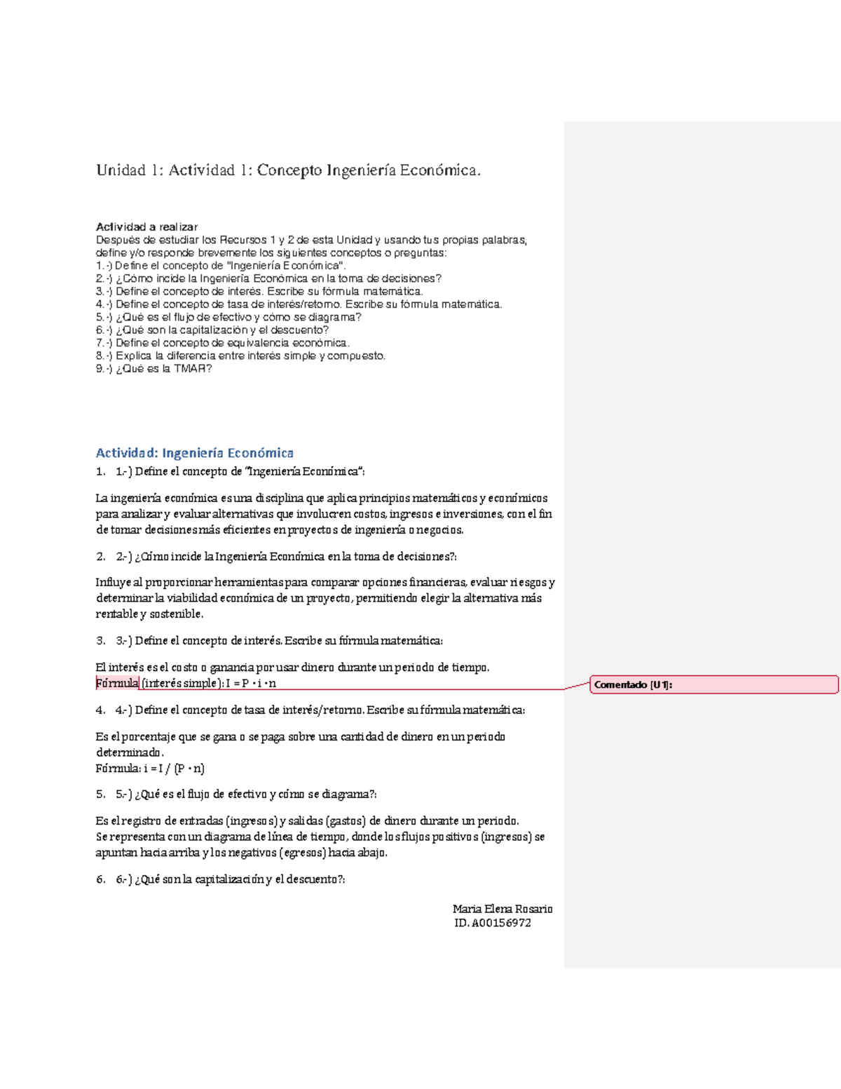 Unidad 1: Actividad 1 - Conceptos Clave en Ingeniería Económica - Studocu