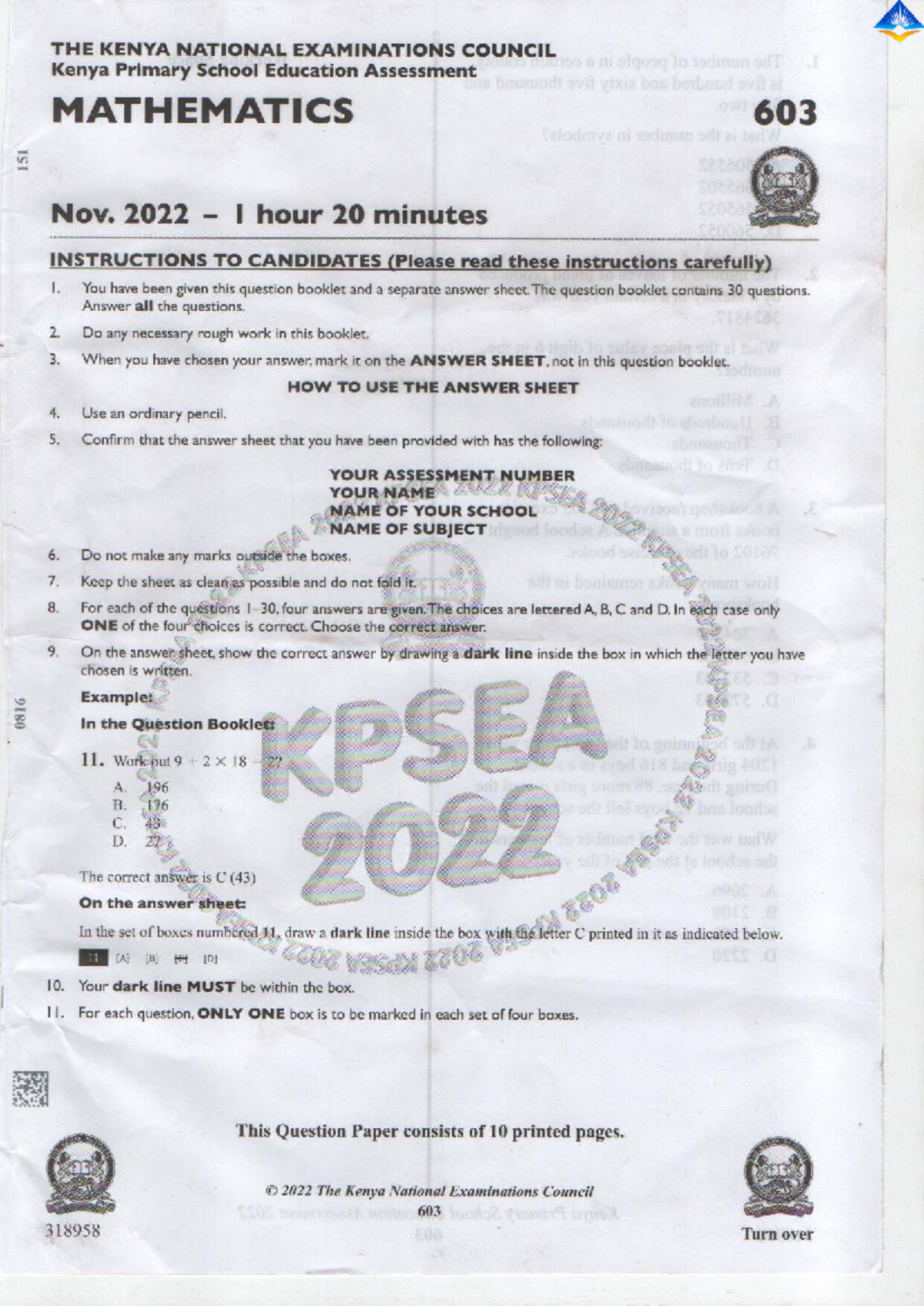 MAT 603 KPSEA 2022 Mathematics Assessment Question Paper - Studocu