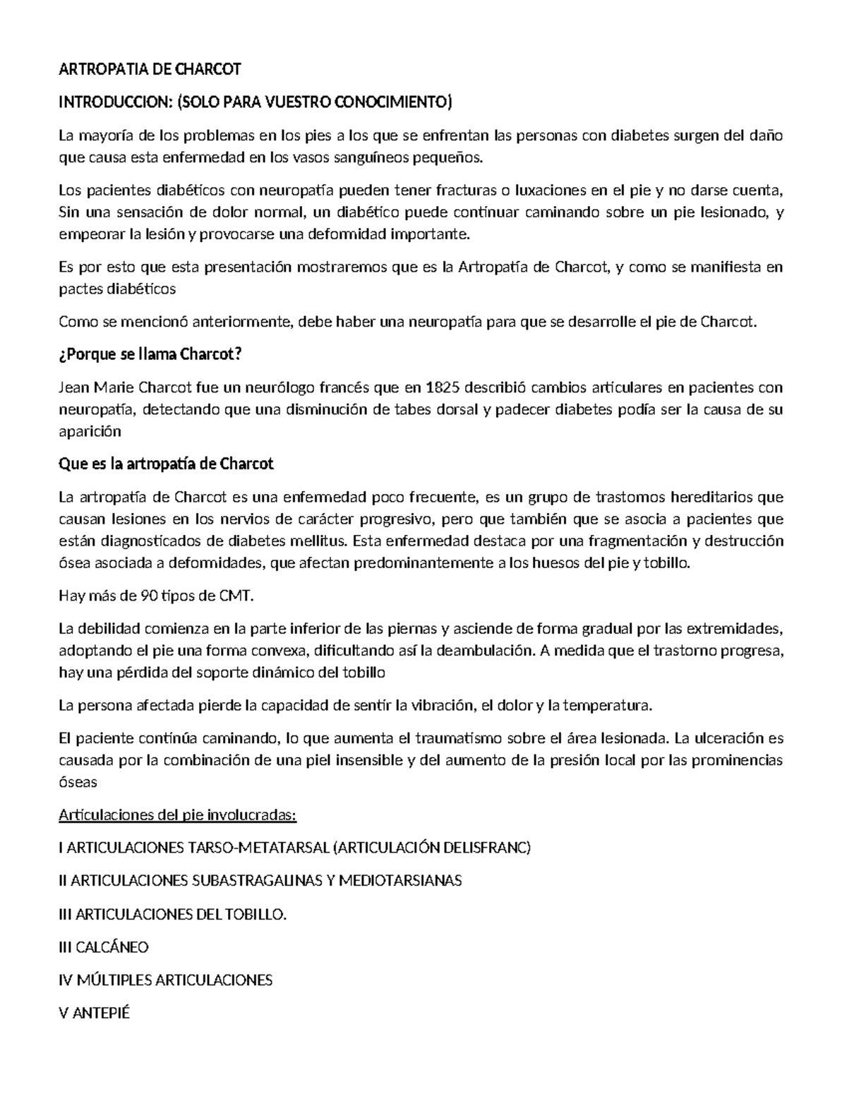 ART 101: Artropatía de Charcot - Definición, Signos y Tratamiento - Studocu