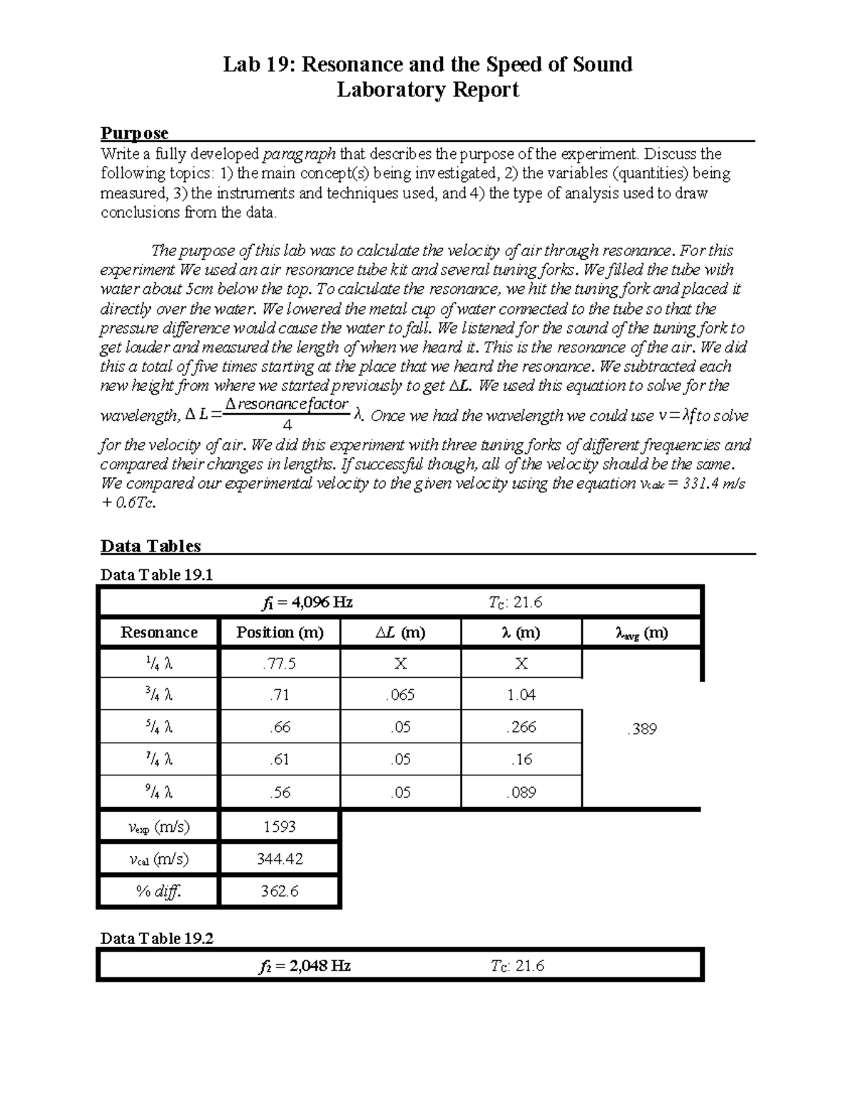 Lab 19: Resonance and Speed of Sound - Experimental Report Template ...