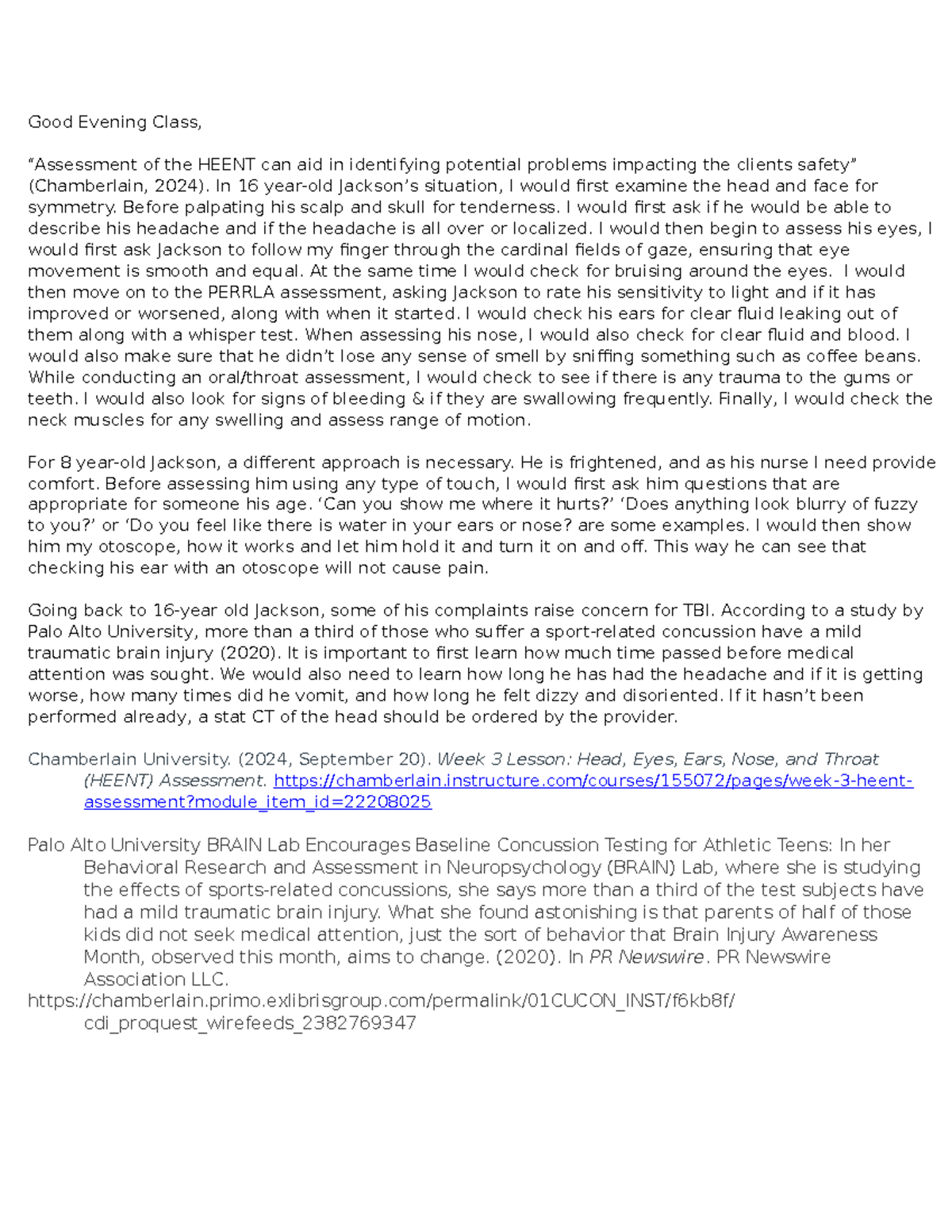 NR 305 Week 3 Discussion: Assessing HEENT in Pediatric Patients - Studocu