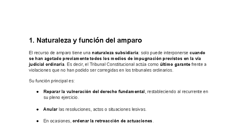 Recurso de Amparo: Naturaleza, Función y Requisitos (Derecho) - Studocu