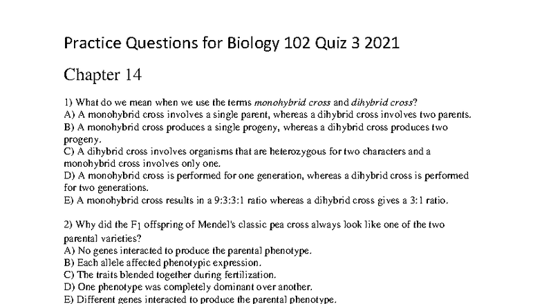 Biology 102 Quiz 3 Practice Questions - Chapter 14 Review - Studocu