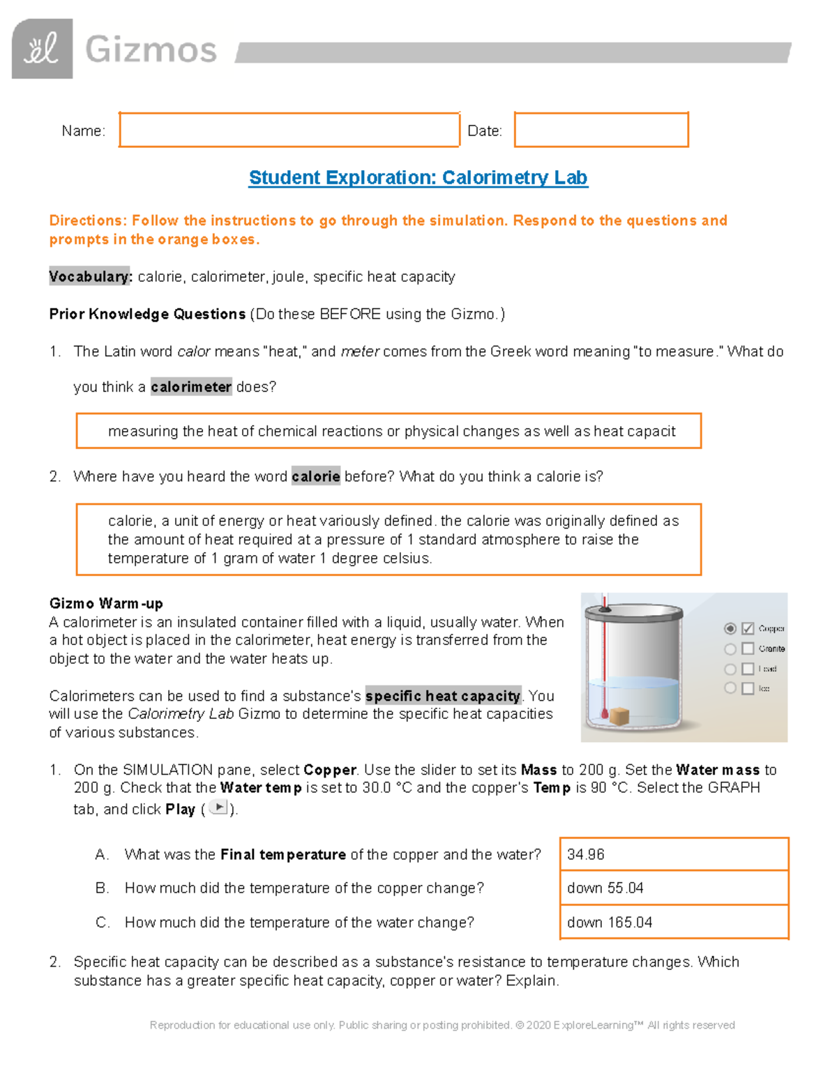 Calorimetry Gizmo Lab - Name: Date: Student Exploration: Calorimetry ...
