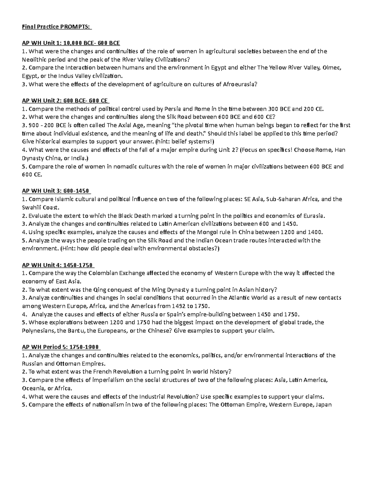 Final Exam Practice Prompts for AP World History (2018) - Studocu