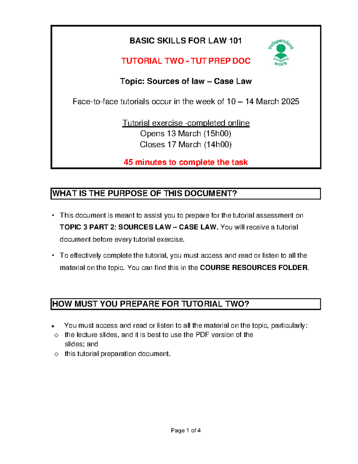 LAW 101 TUTORIAL 2 PREP: SOURCES OF LAW & CASE LAW - Studocu