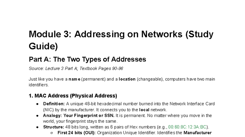 Module 3: Addressing on Networks (Study Guide) - Lecture 3 Notes - Studocu