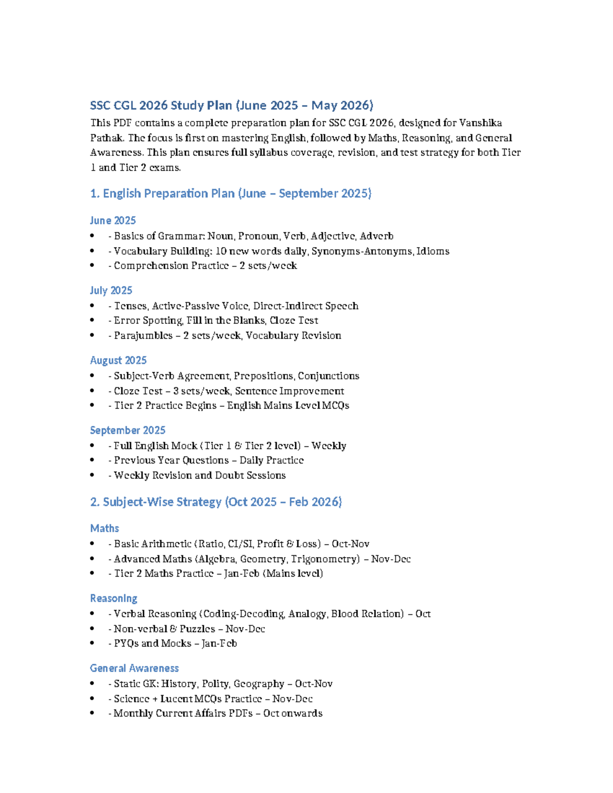 SSC CGL 2026 Comprehensive Study Plan for Tier 1 & Tier 2 Exams - Studocu