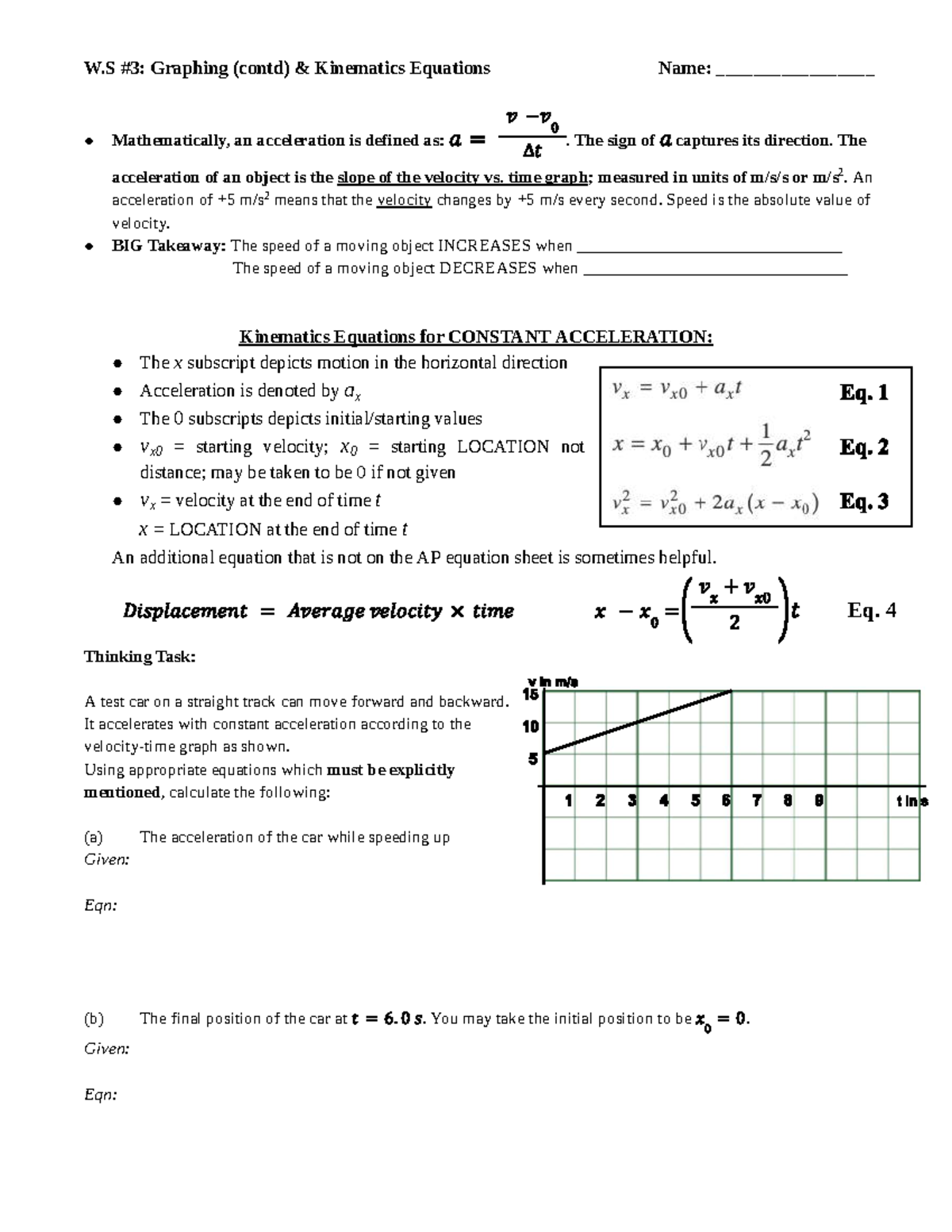 W.S #3 Kinematics Equations & Graphing (Continued) - Studocu