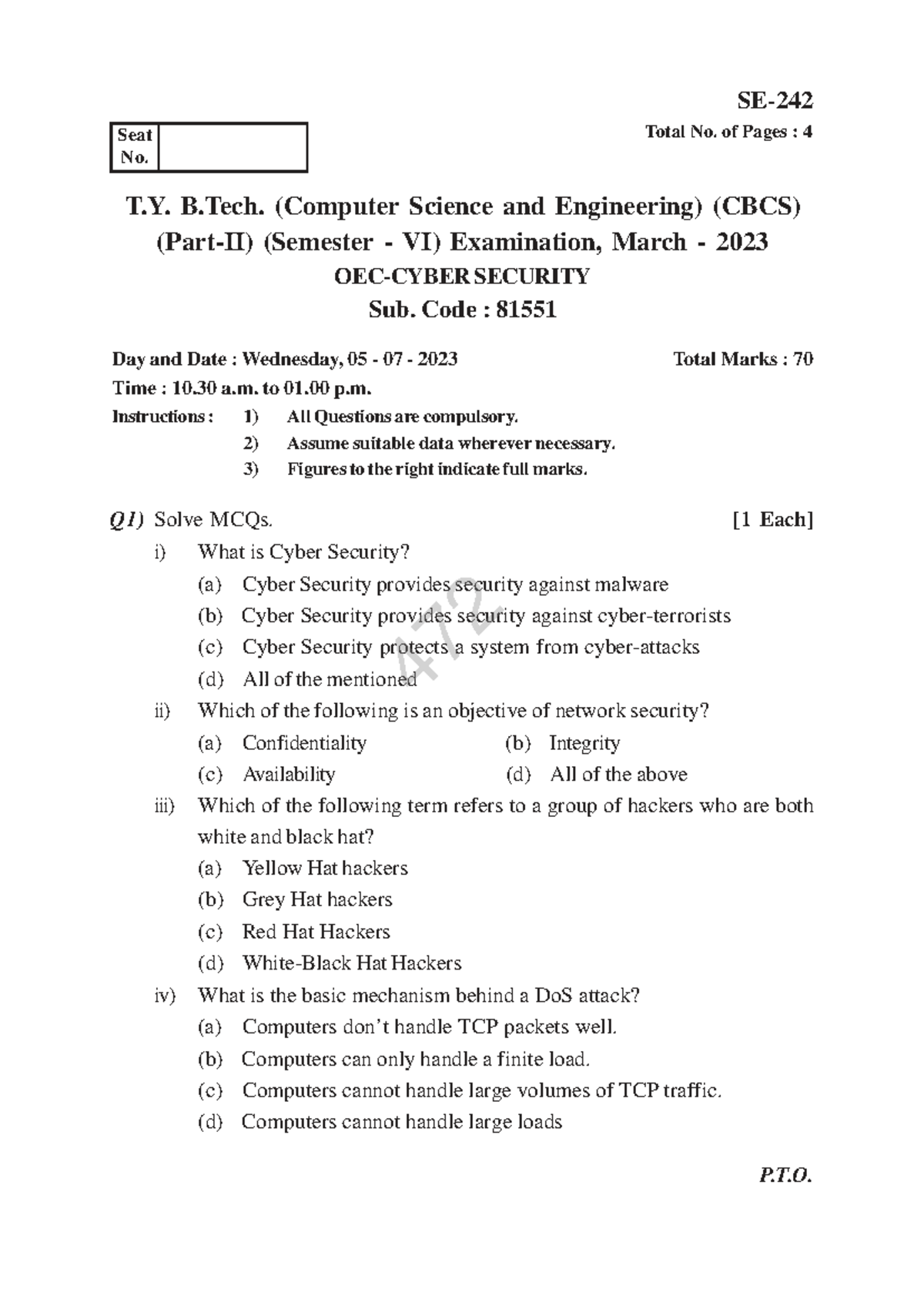 T.Y. B.Tech. (CSE) Security Exam MCQs & Short Answers - Sub. Code 81551 ...