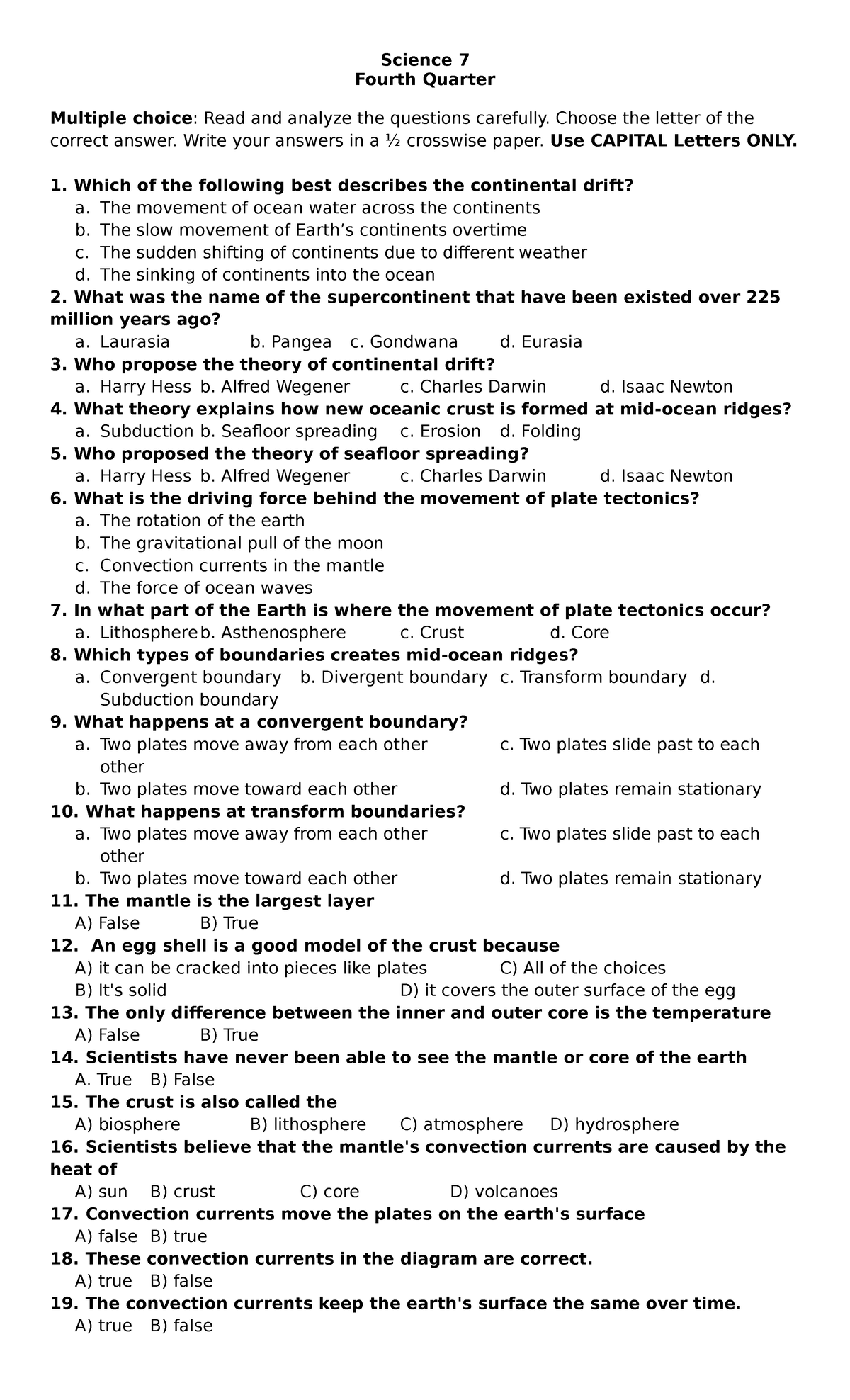 Science 7: Layers of Earth and Theories Quiz (Fourth Quarter) - Studocu