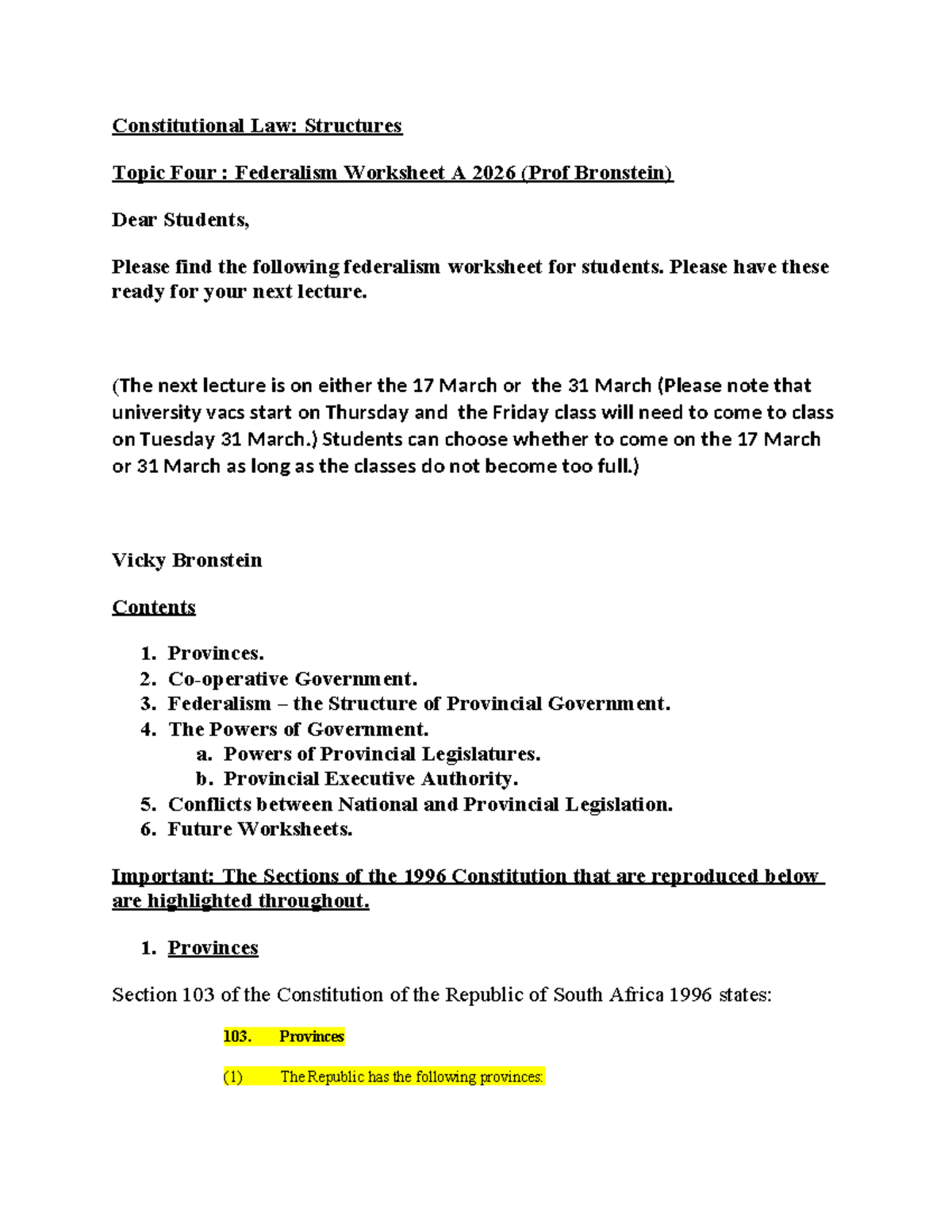 Constitutional Law: Federalism Worksheet A (2026) - Prof. Bronstein ...