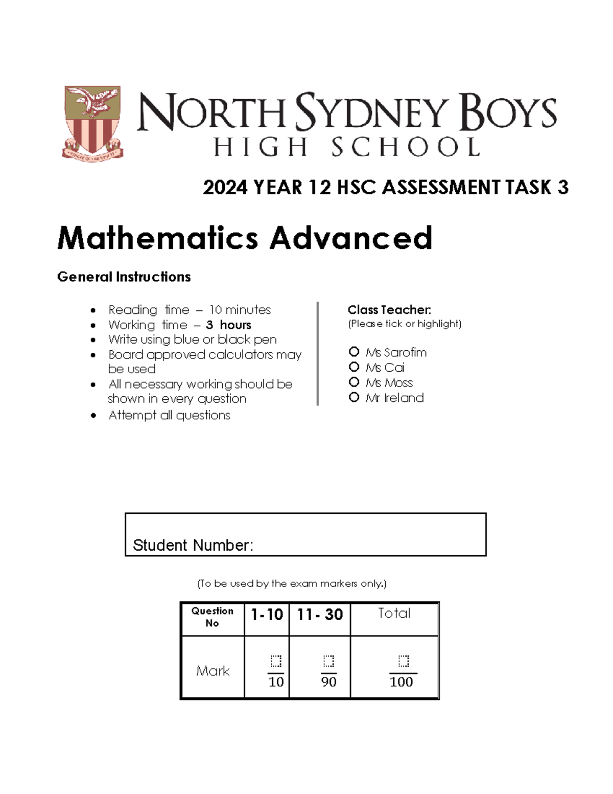 NSB 2024 - Year 12 HSC Mathematics Advanced Trial Exam Paper - Studocu