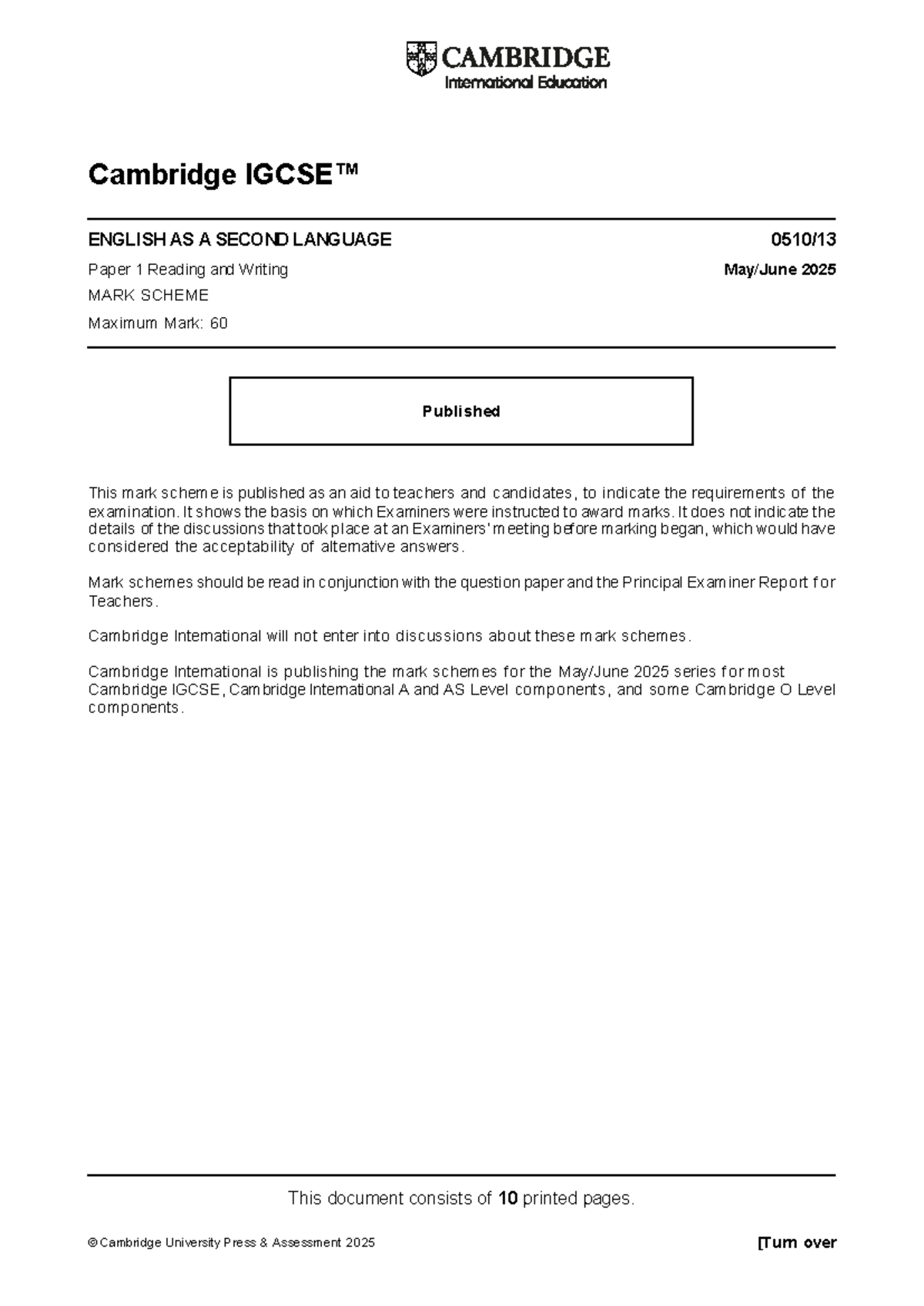 Cambridge IGCSE 0510 ESL Paper 1 Reading & Writing Mark Scheme 2025 ...