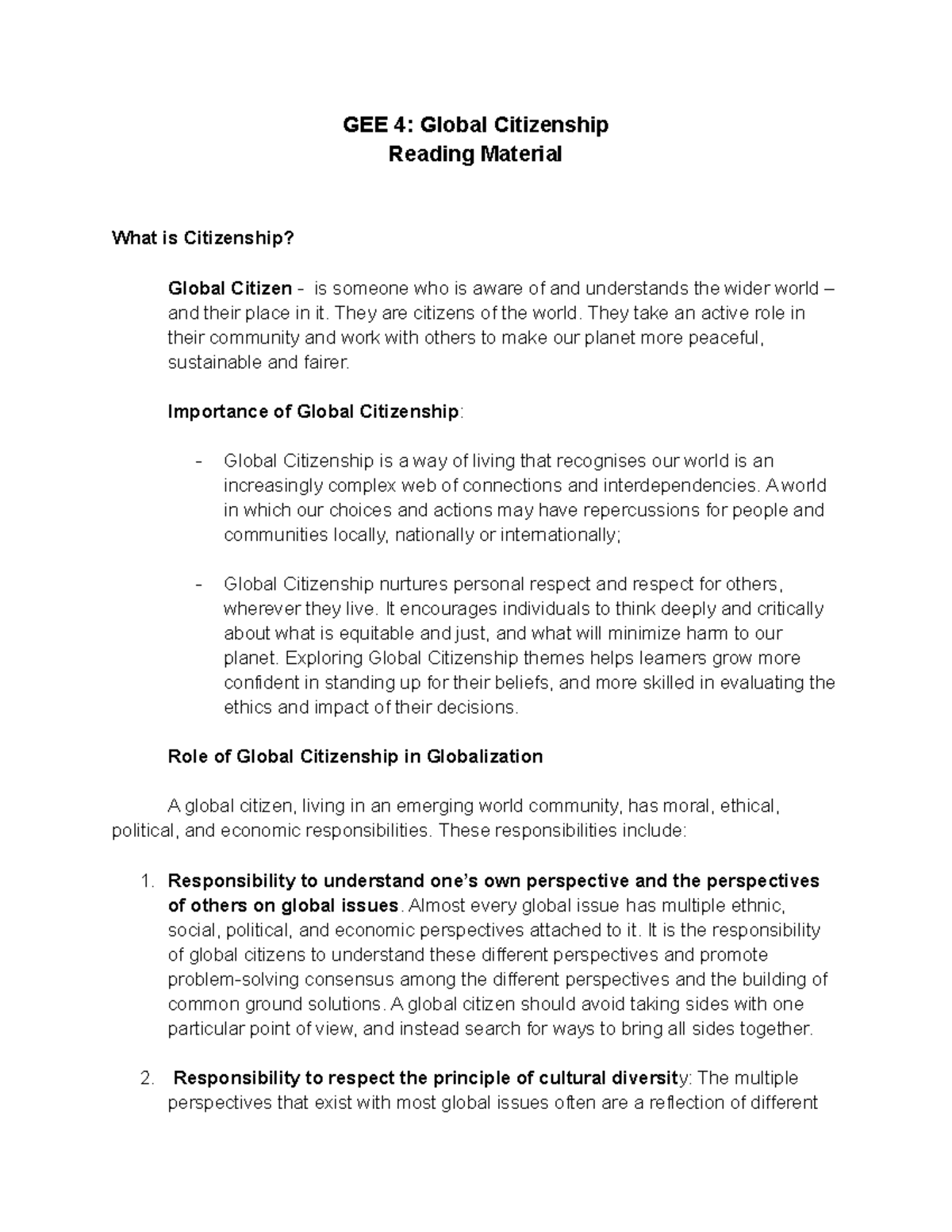 GEE 4: Global Citizenship - Comprehensive Reading Materials Guide - Studocu