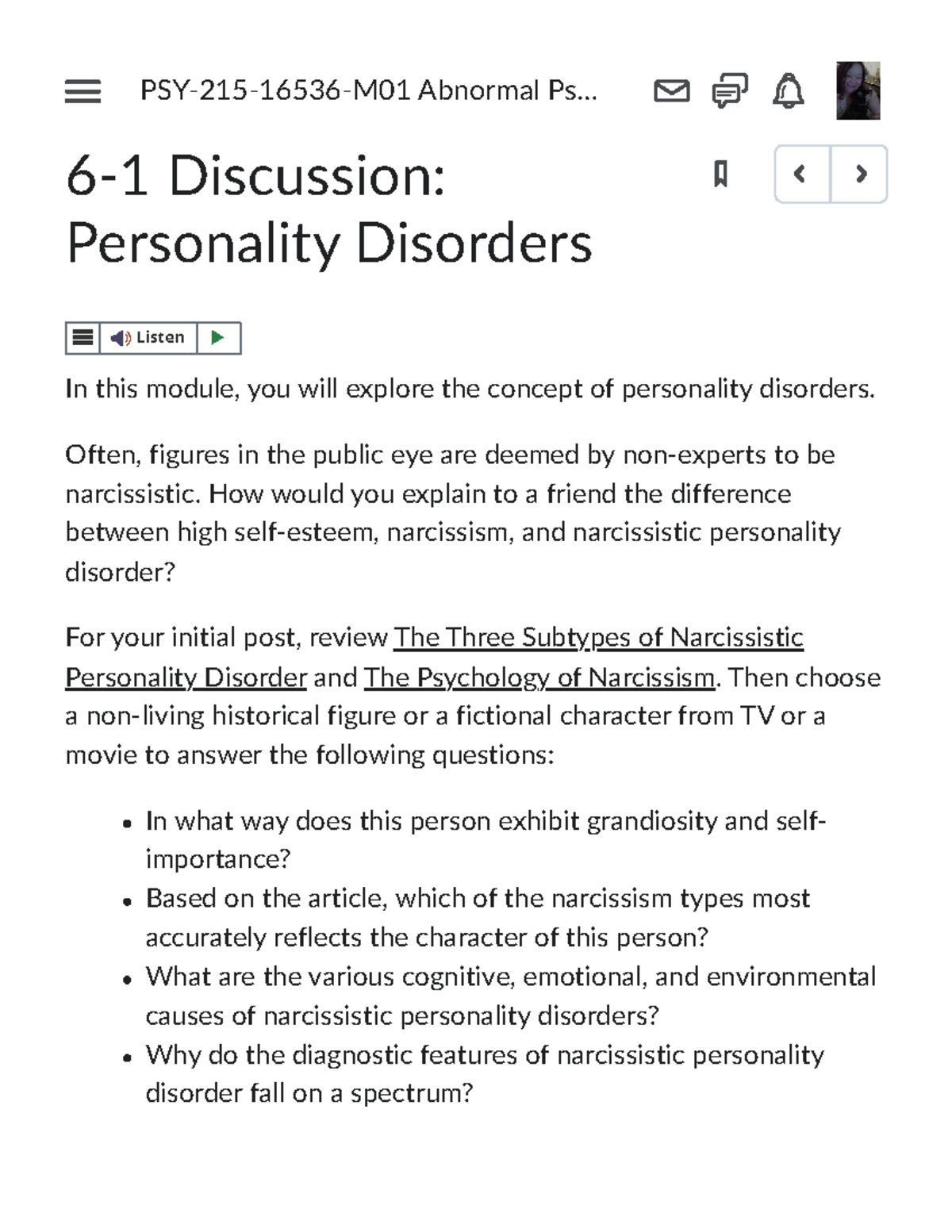 Discussion on Personality Disorders - PSY-215-16536-M01 Abnormal Psych ...