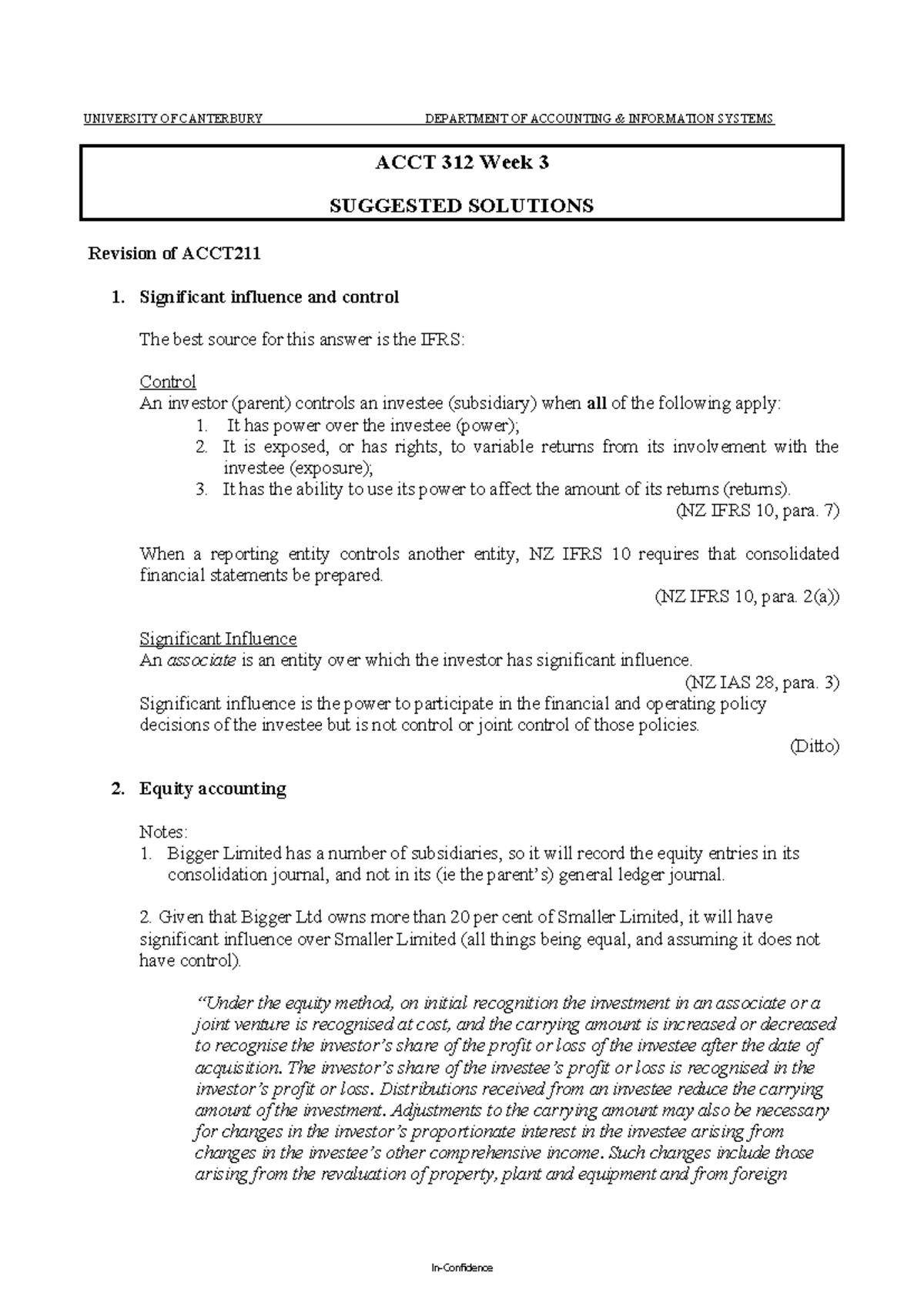 ACCT 312 Week 3 Suggested Solutions: Significant Influence & Control ...