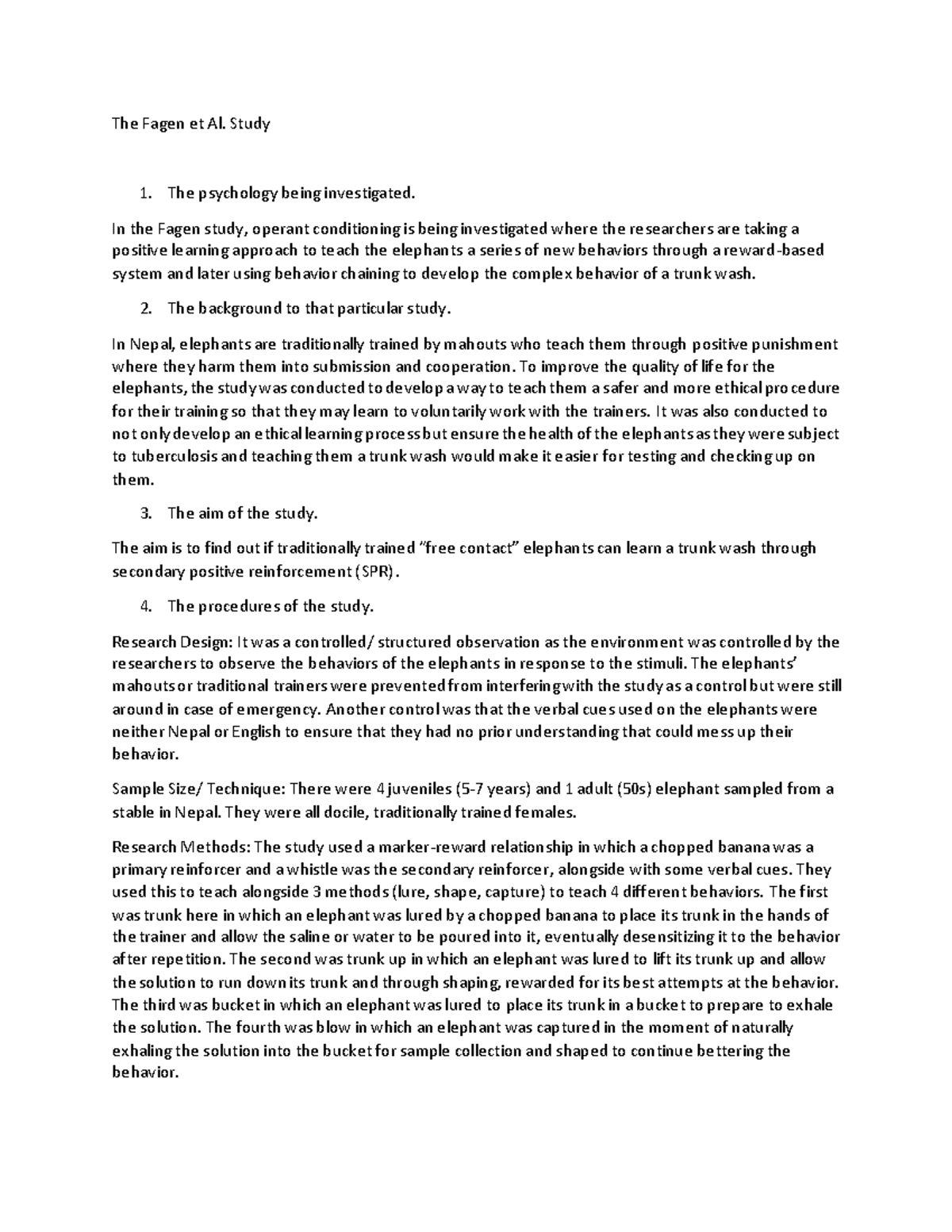 Fagen et al. Study Summary: Positive Reinforcement in Elephant Training ...