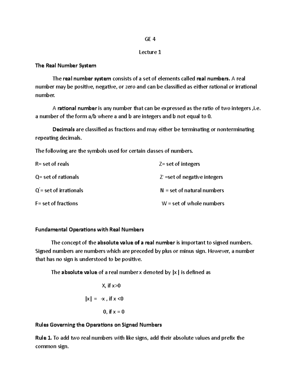 GE 4 - Lecture Notes: Understanding the Real Number System - Studocu