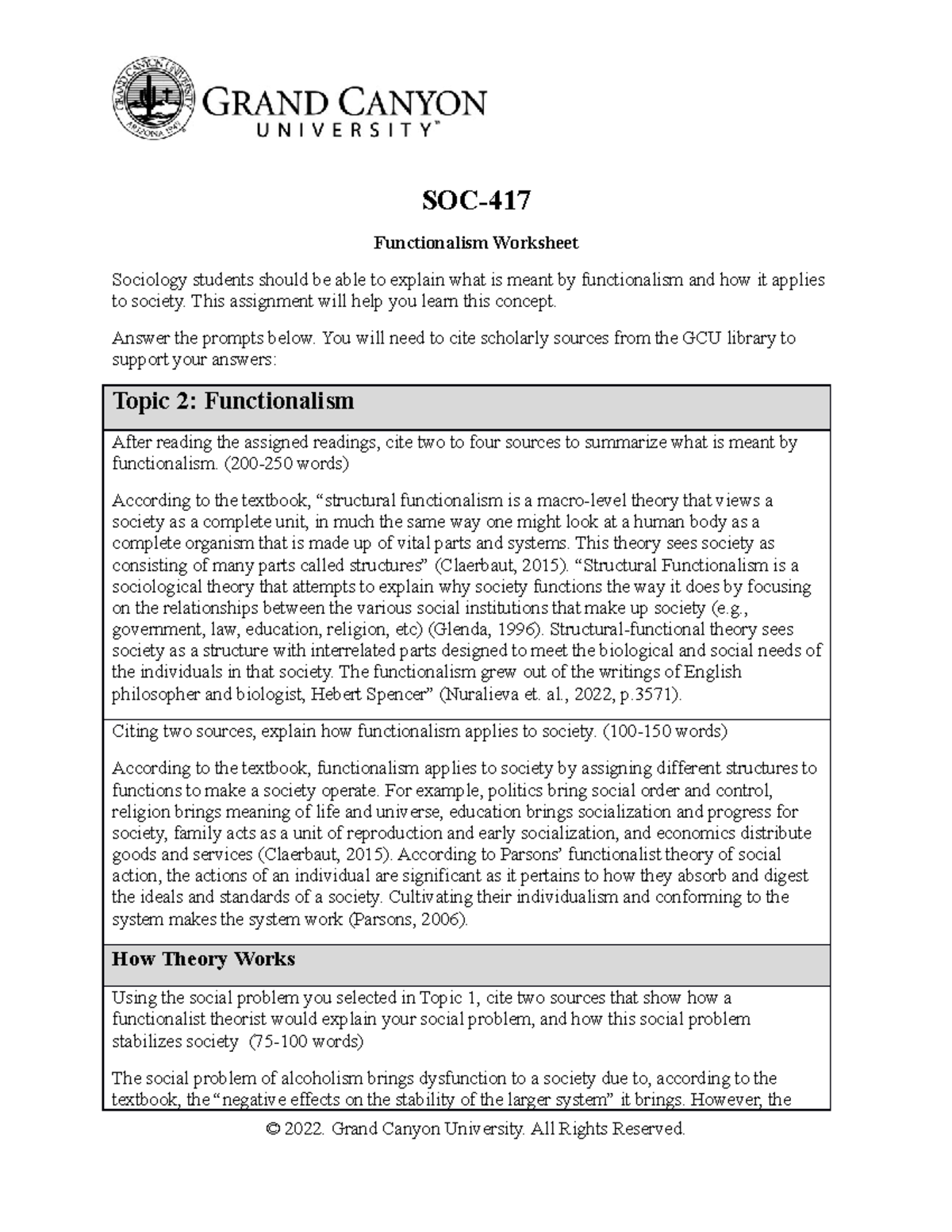 SOC-417 - Functionalism Worksheet: Understanding Key Sociological ...