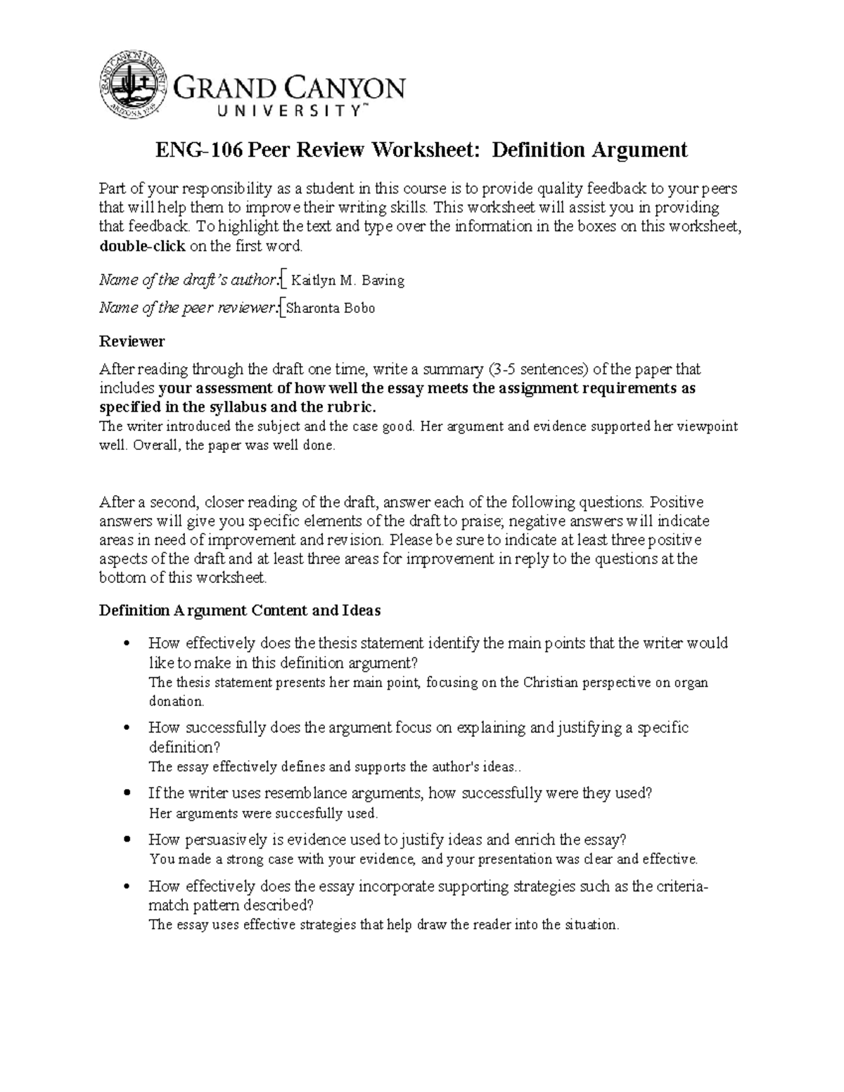 ENG106 Peer Review Worksheet: Definition Argument Feedback - Studocu