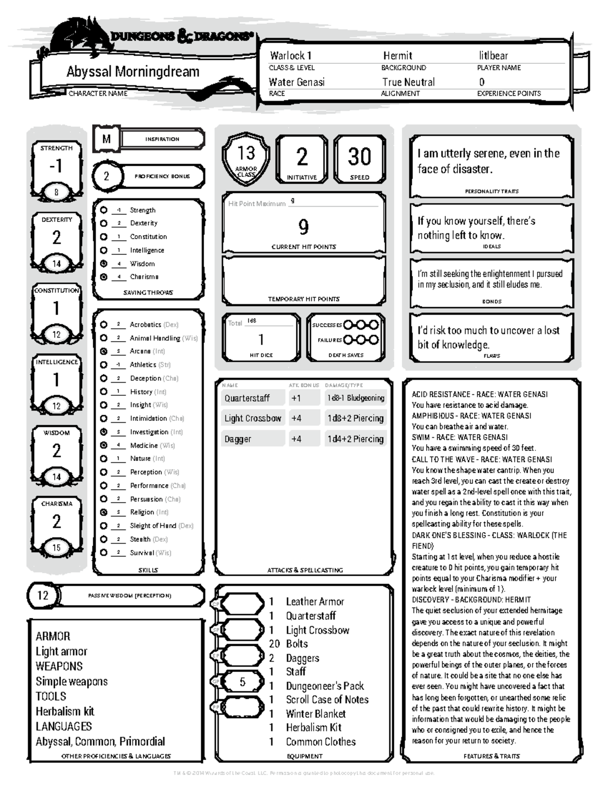 Abyssal Water Genasi Warlock Character Sheet - Class Level 1 - Studocu