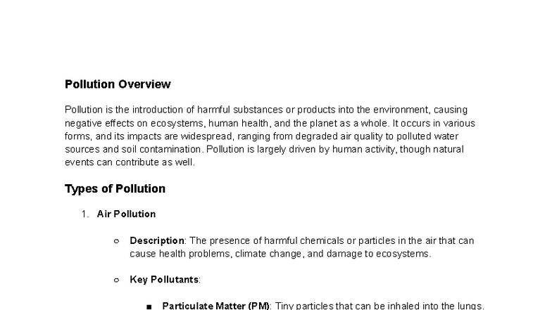 Pollution Overview: Types, Impacts, and Solutions - Studocu