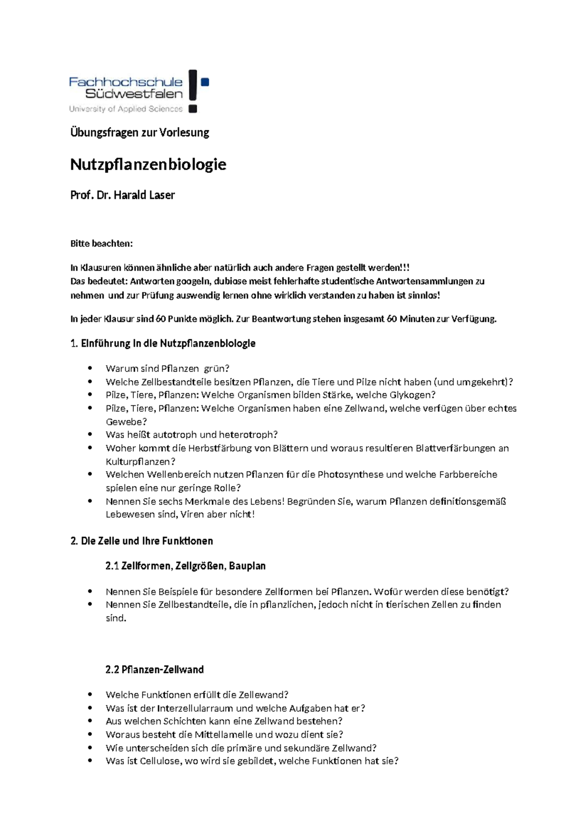 Übungsfragen zur Vorlesung Nutzpflanzenbiologie WS 21/22 - Studocu