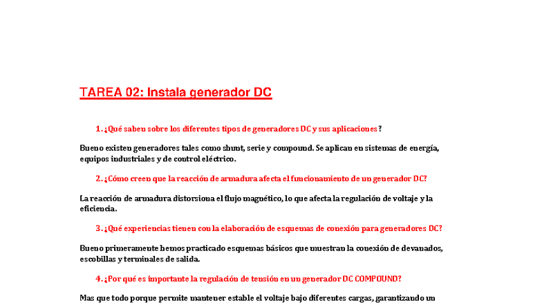 TAREA 02: Preguntas Guía sobre Generadores DC y su Funcionamiento - Studocu