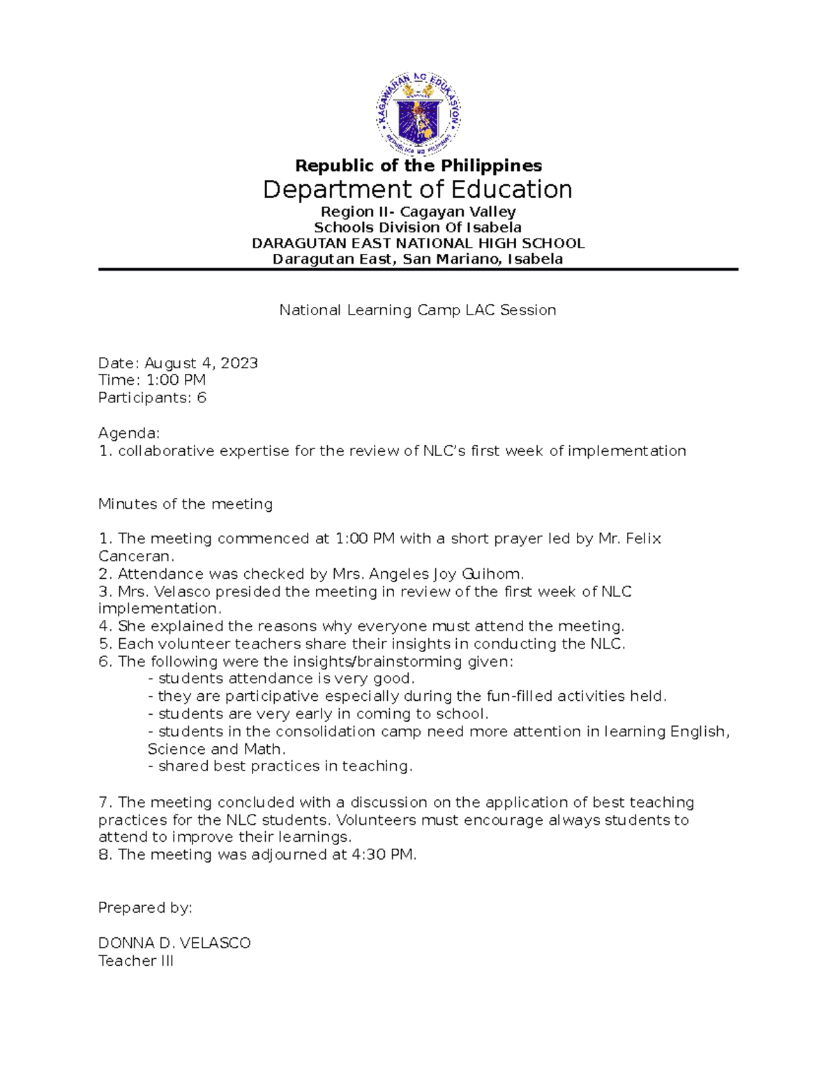 Minutes - Use for any english reports - Republic of the Philippines ...