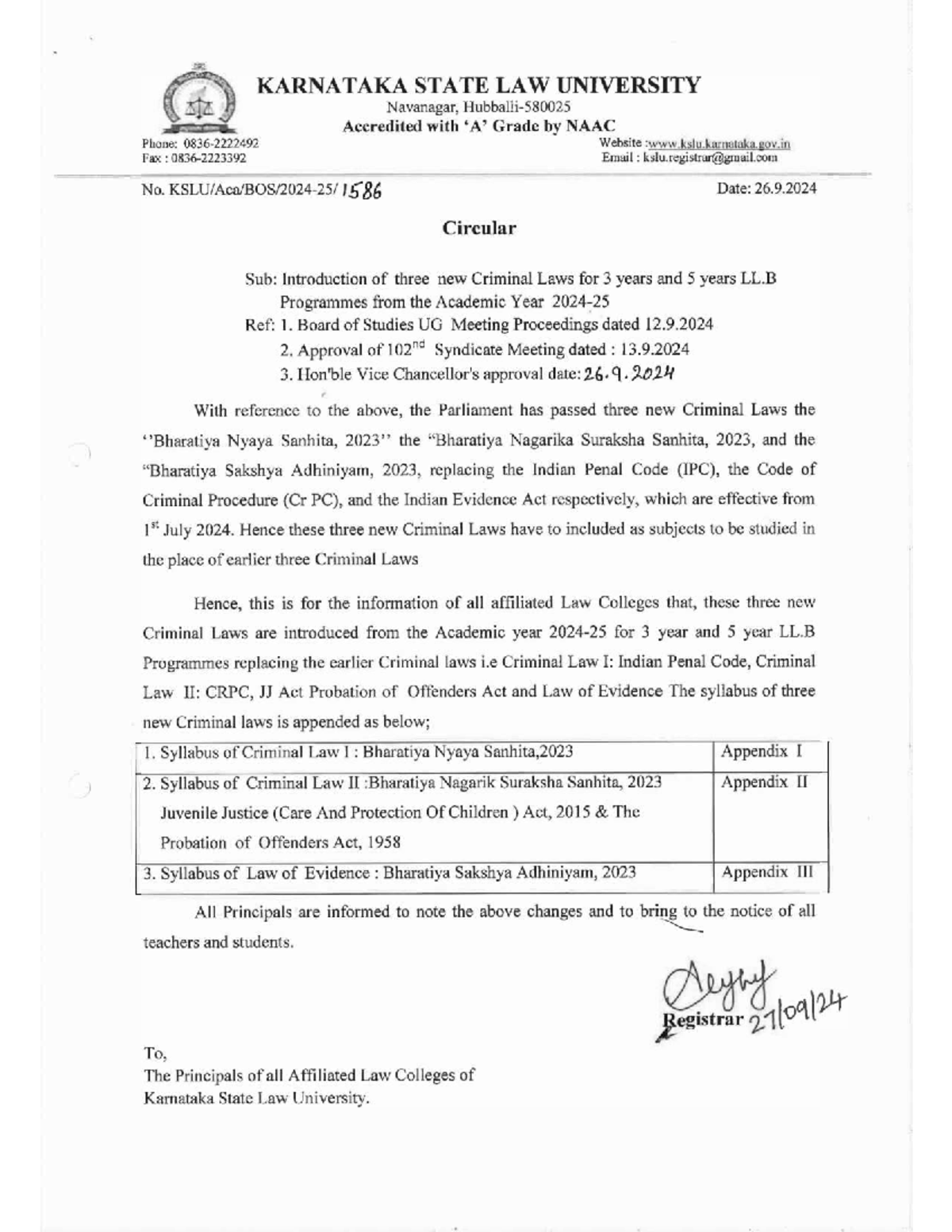 KSLU Syllabus for New Criminal Laws: BNSS, BNSB, BSA 2024 - Studocu