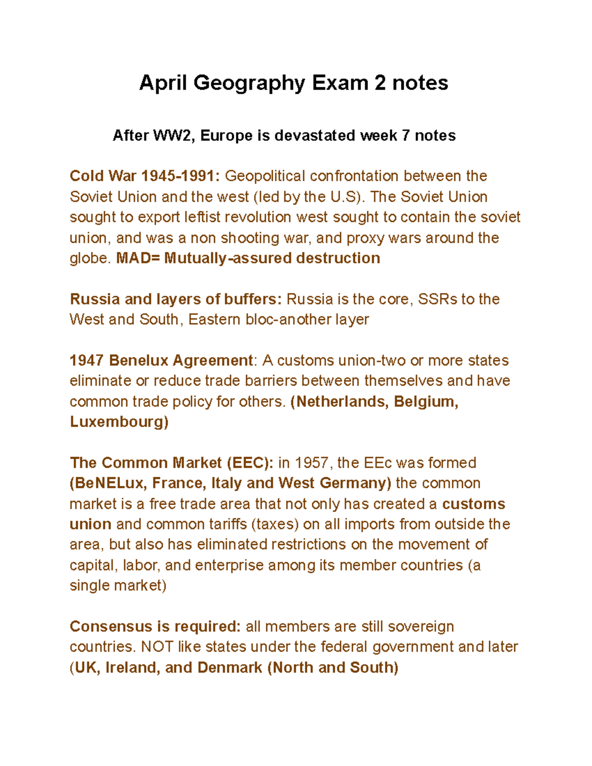 GEO 202: April Exam 2 Notes on Post-WW2 Europe & Cold War Dynamics ...