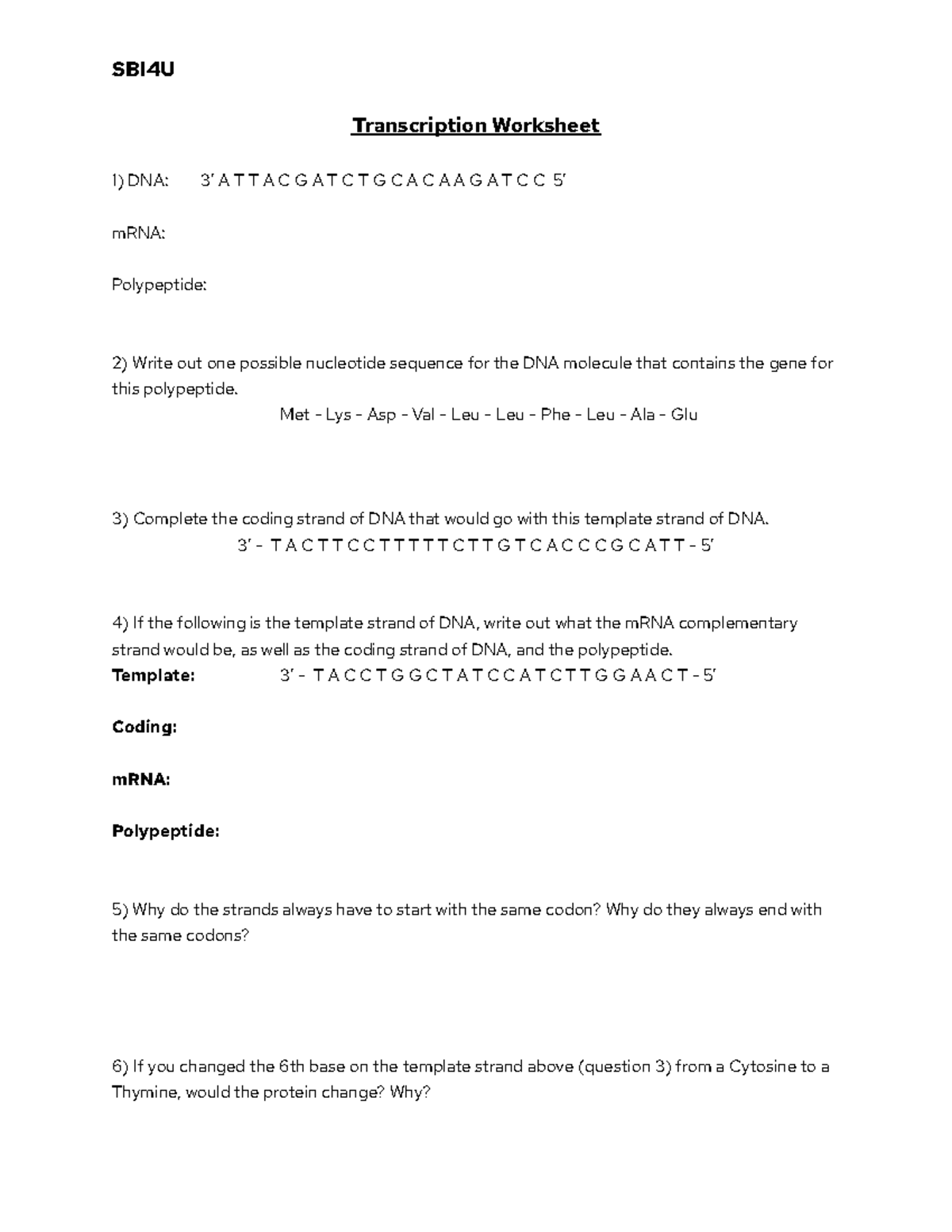 12U 7.2 - Transcription Practice - SBI4U Transcription Worksheet 1) DNA ...