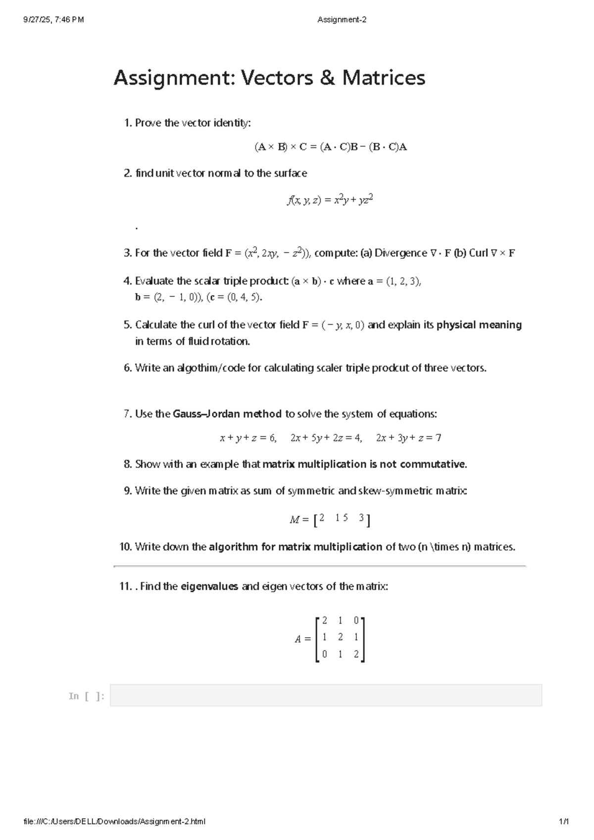 Assignment 2: Vectors & Matrices - Proving Identities & Calculations - Studocu