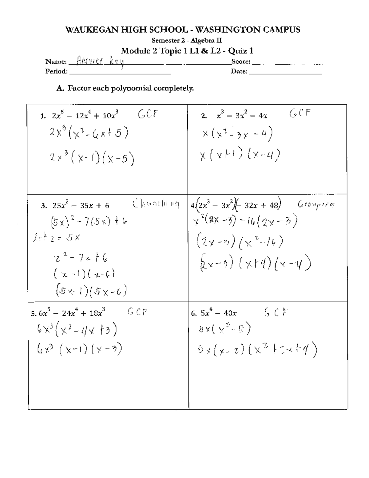 Answer Key - Quiz 1 - M2T1L1&L2 - WAUKEGAN HIGH SCHOOL WASHINGTON ...