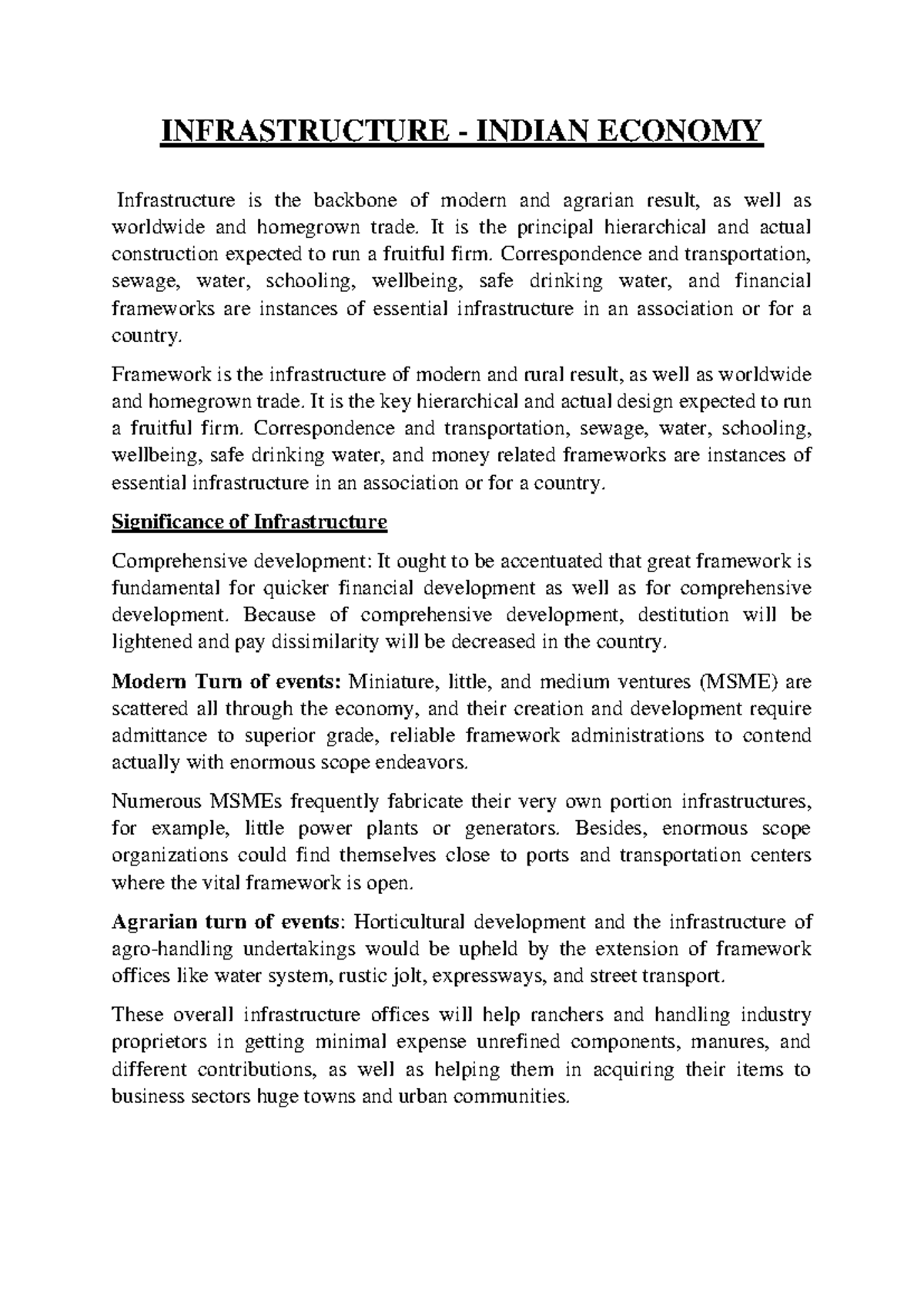 Infrastructure - INFRASTRUCTURE - INDIAN ECONOMY Infrastructure is the ...